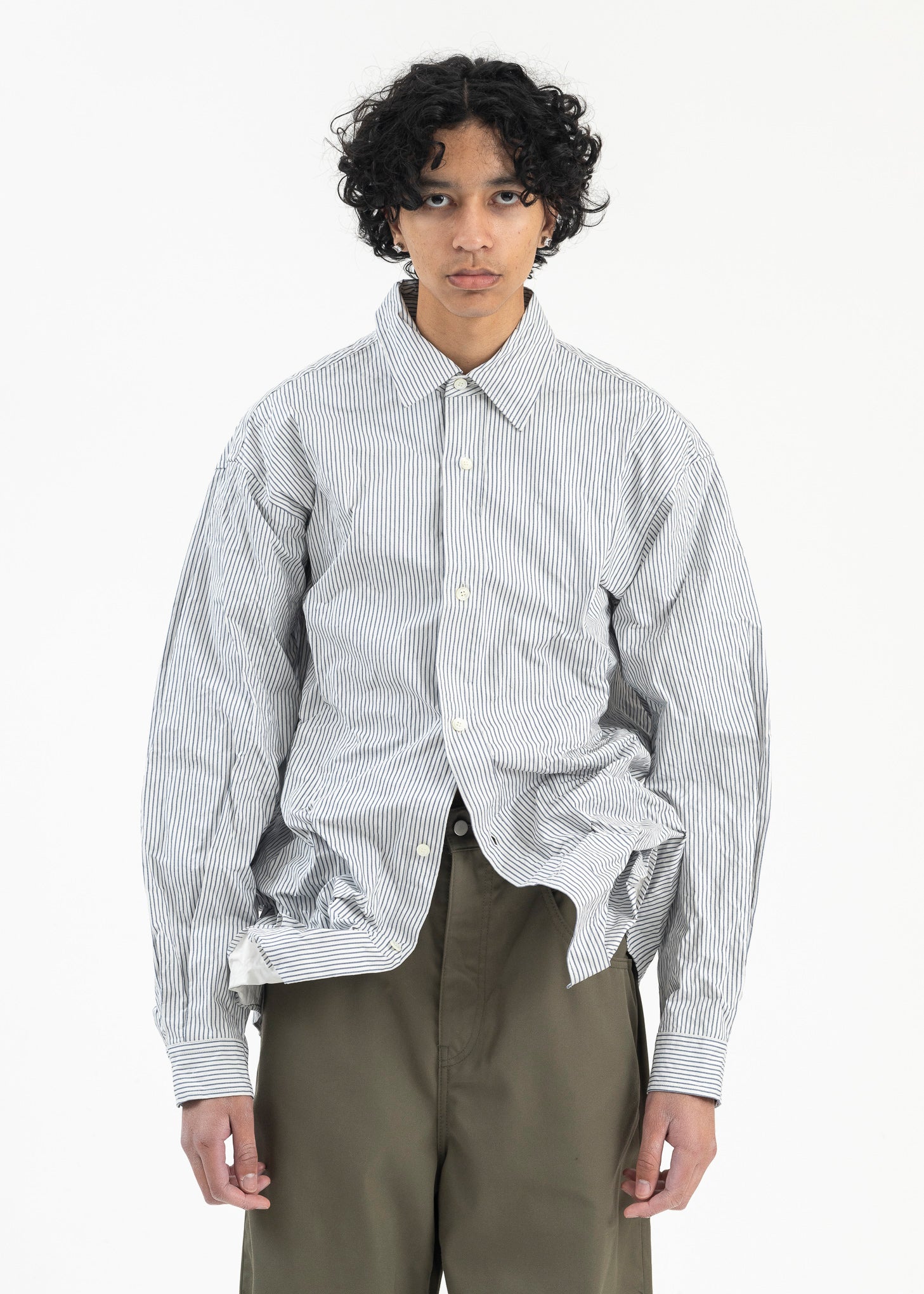 White & Navy Pinstripe Crinkled Shirt – 017 Shop