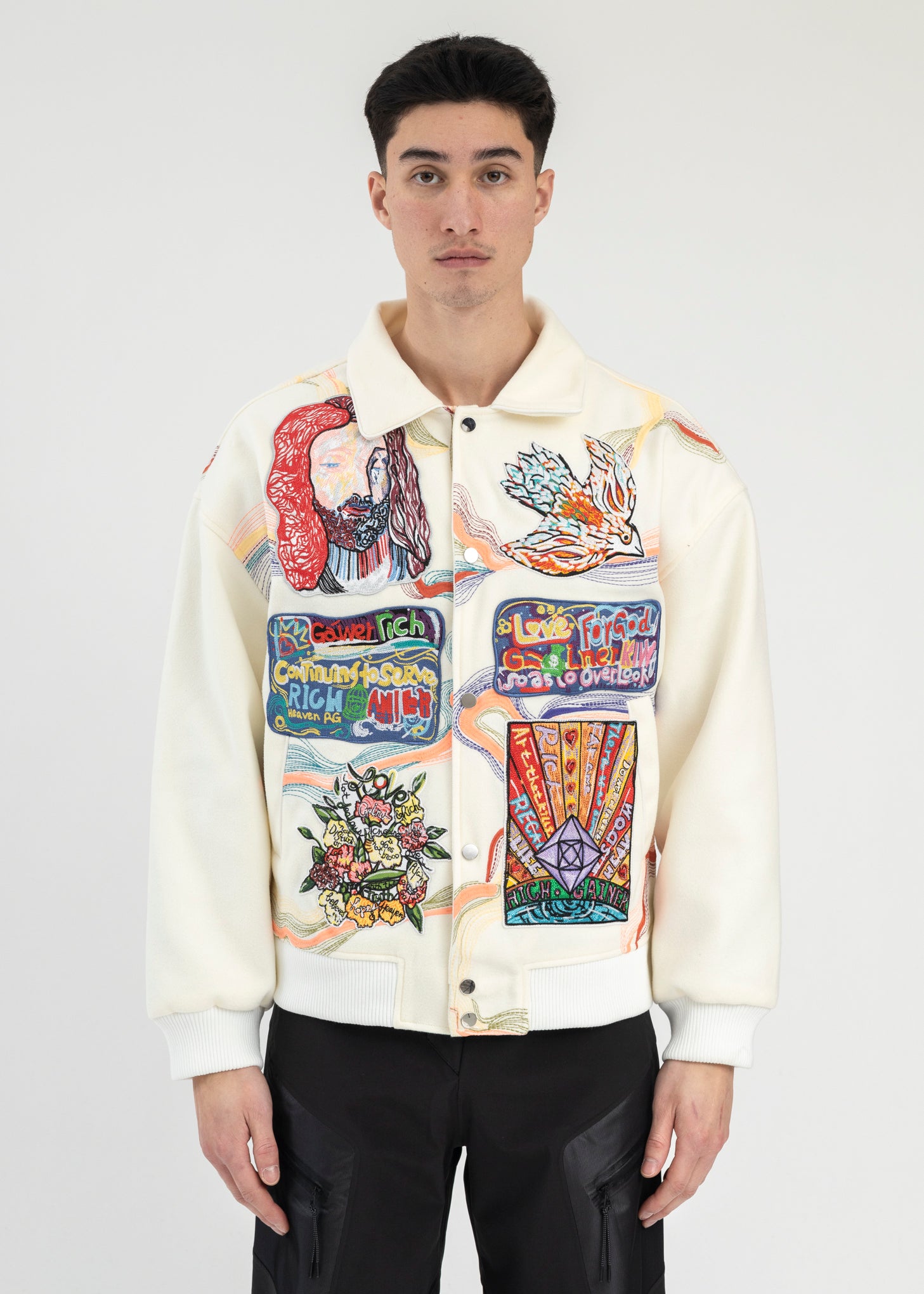 WHITE EMBROIDERY PATCHWORK BOMBER JACKET – 017 Shop