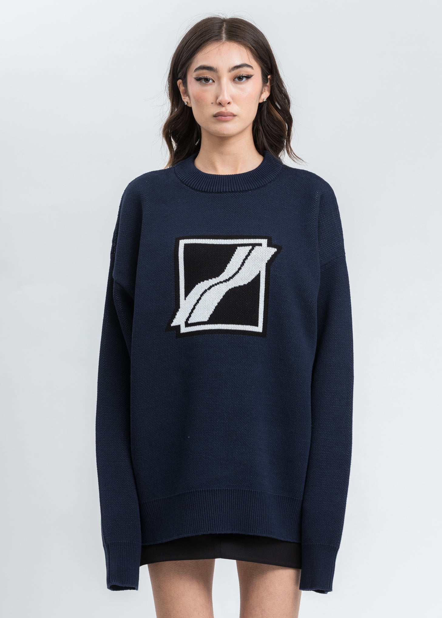 Navy Square Logo Jacquard Knit Pull Over – 017 Shop
