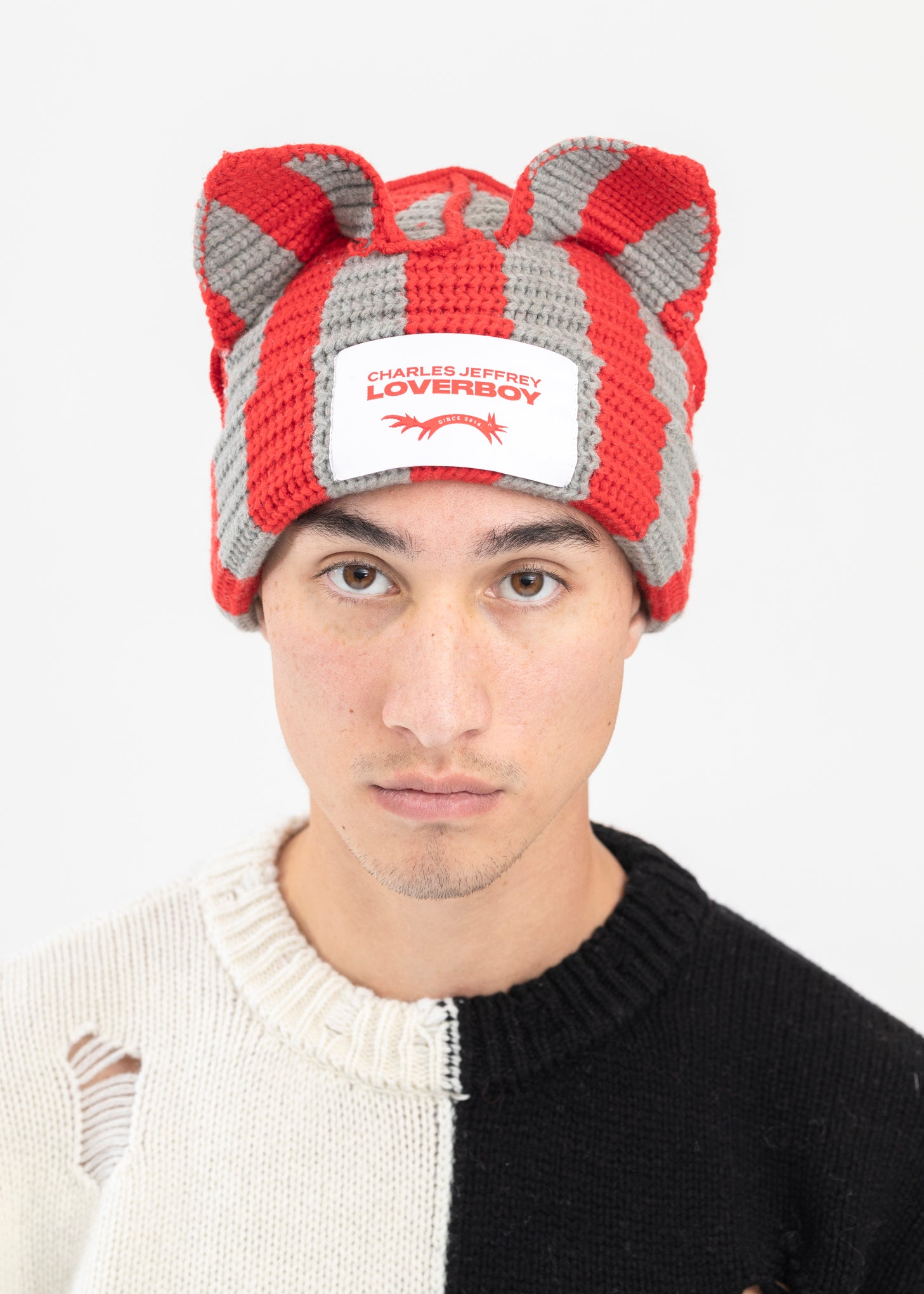 RED / GREY STRIPED EARS BEANIE – 017 Shop