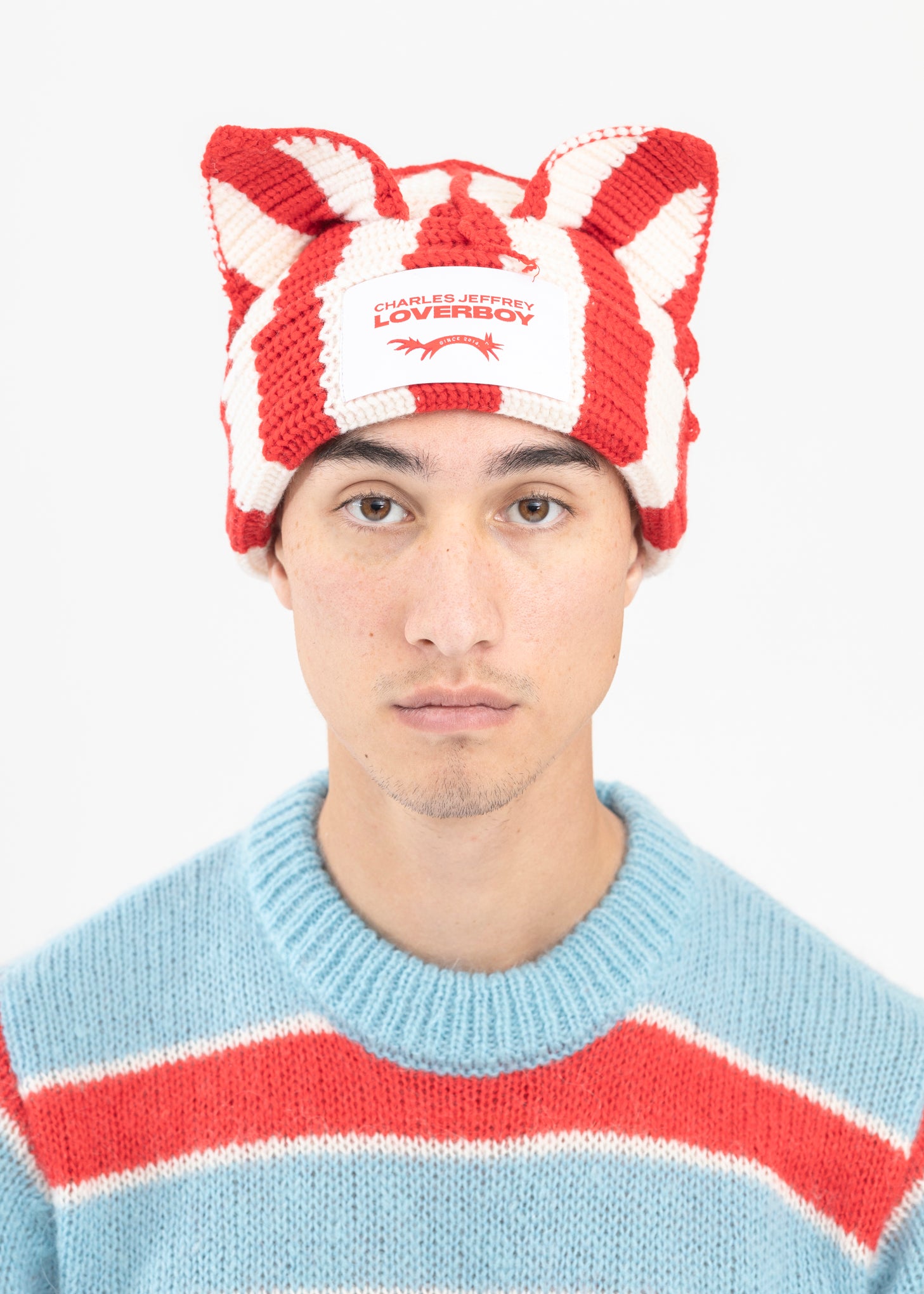 RED / ECRU STRIPED EARS BEANIE – 017 Shop