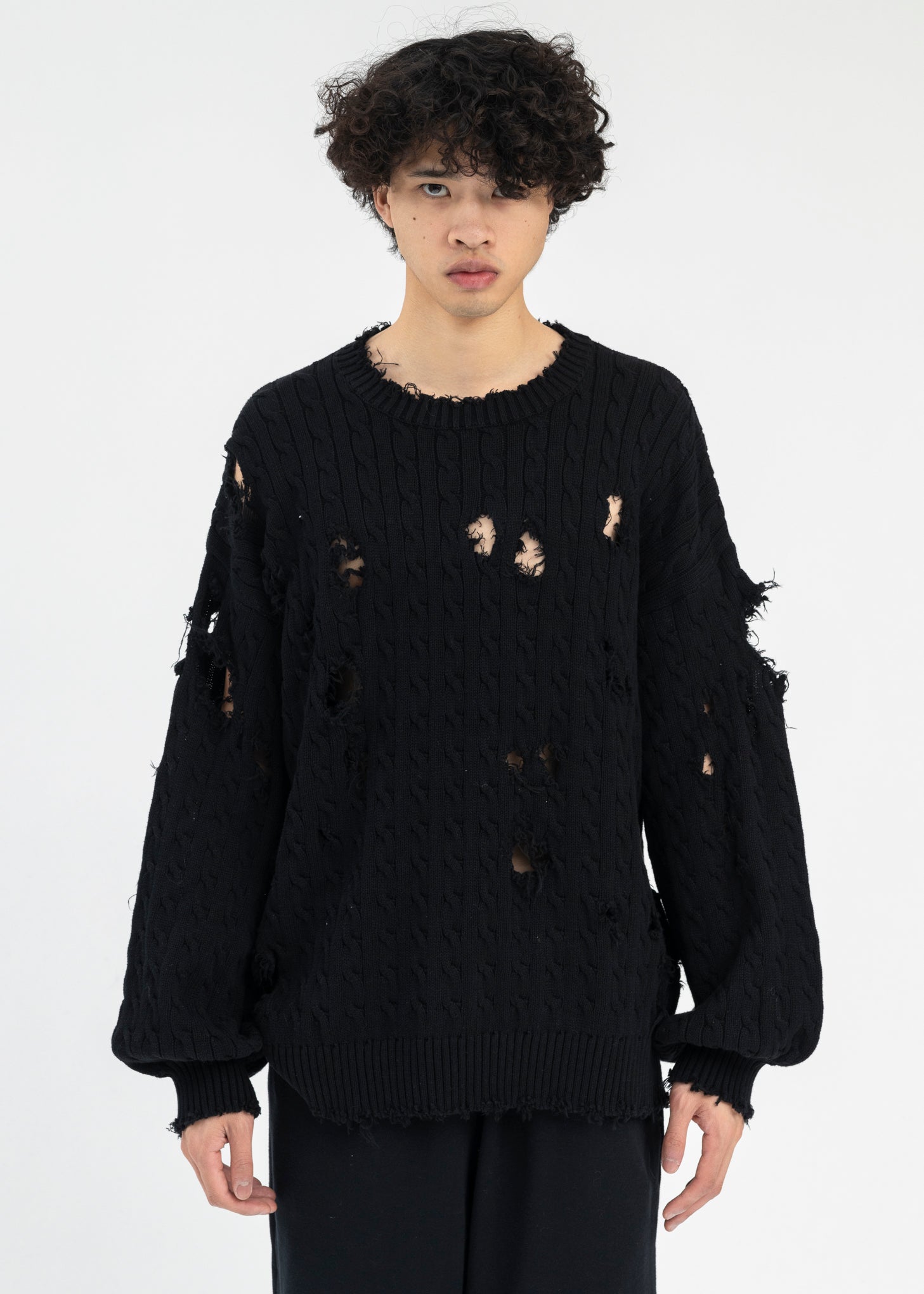 BLACK CABLE DAMAGE KNIT – 017 Shop