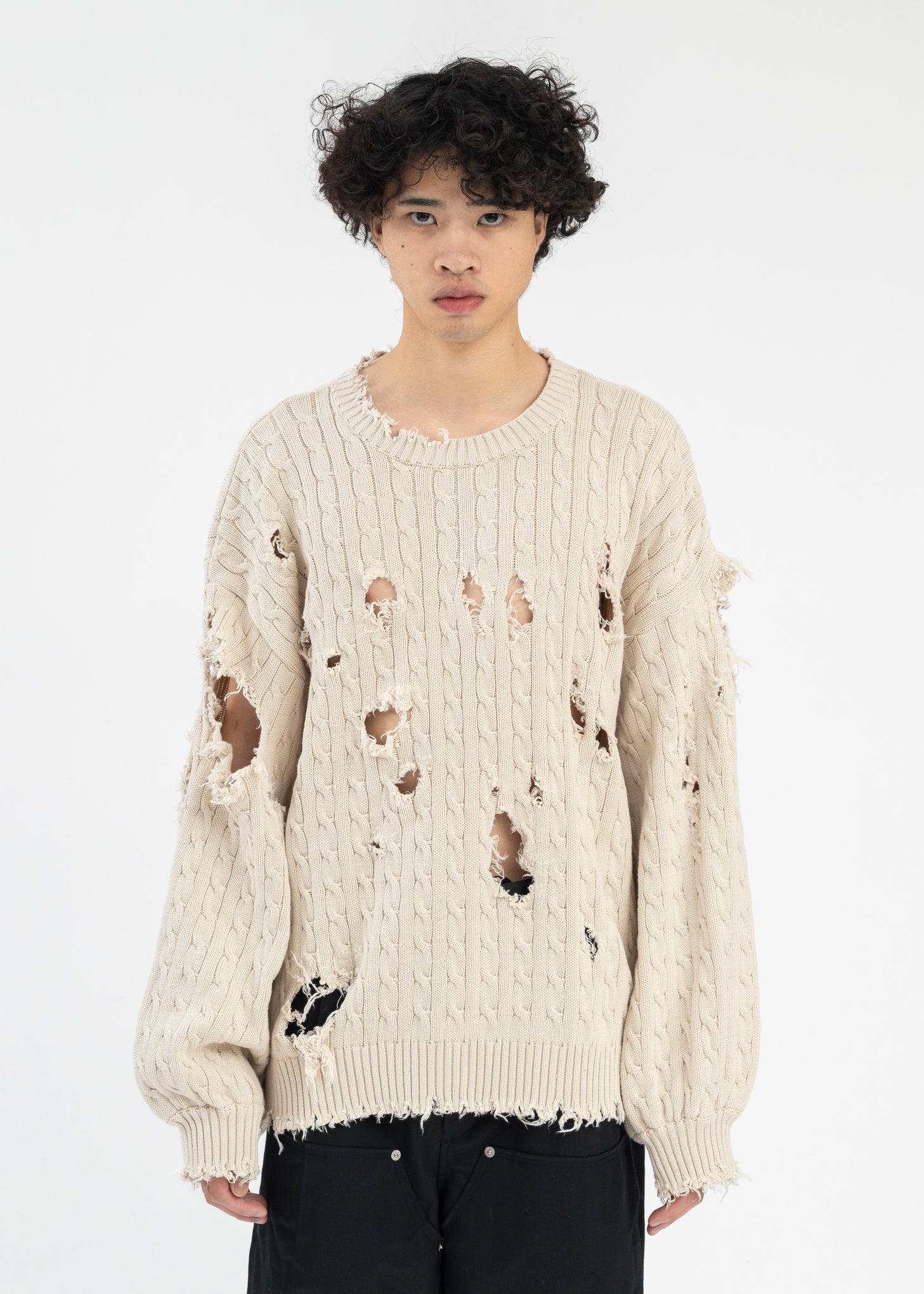 IVORY CABLE DAMAGE KNIT – 017 Shop