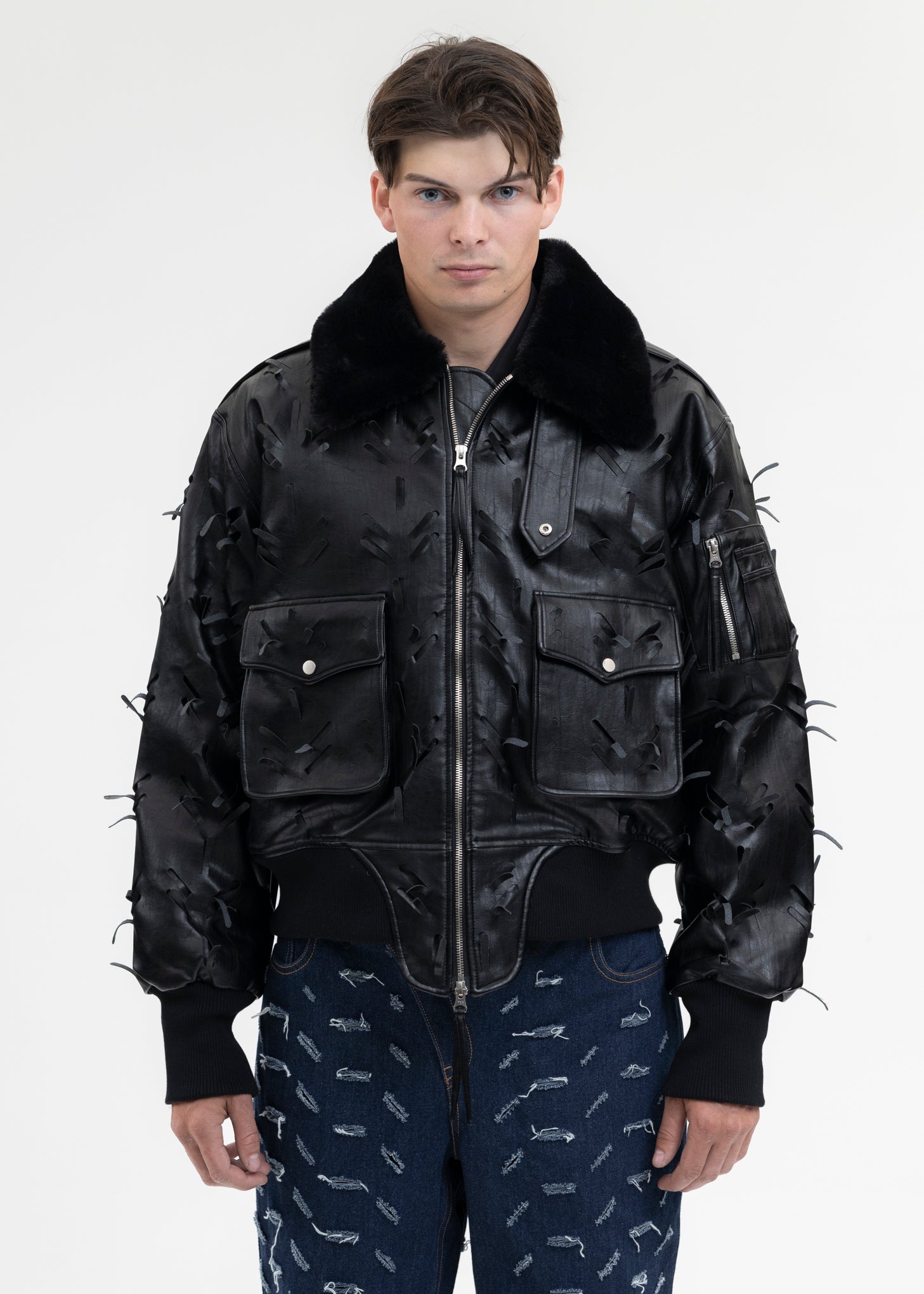 BLACK LASER-SLASHED A-2 FLIGHT FAUX LEATHER JACKET – 017 Shop