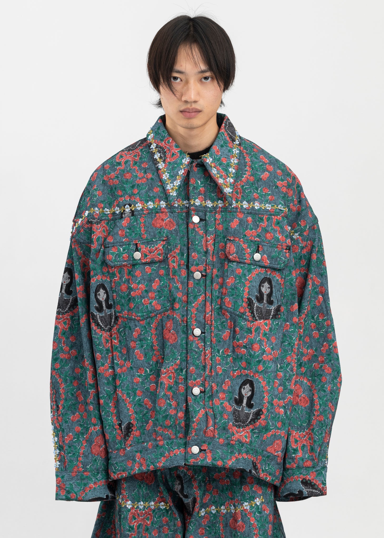 BLUE TUCK DENIM JACKET GIRL PRINT PATTERN – 017 Shop