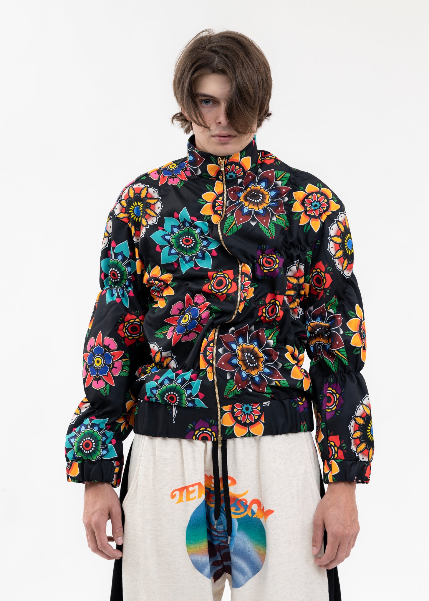 BLACK FLOWER PATTERN TRACK TOPS – 017 Shop