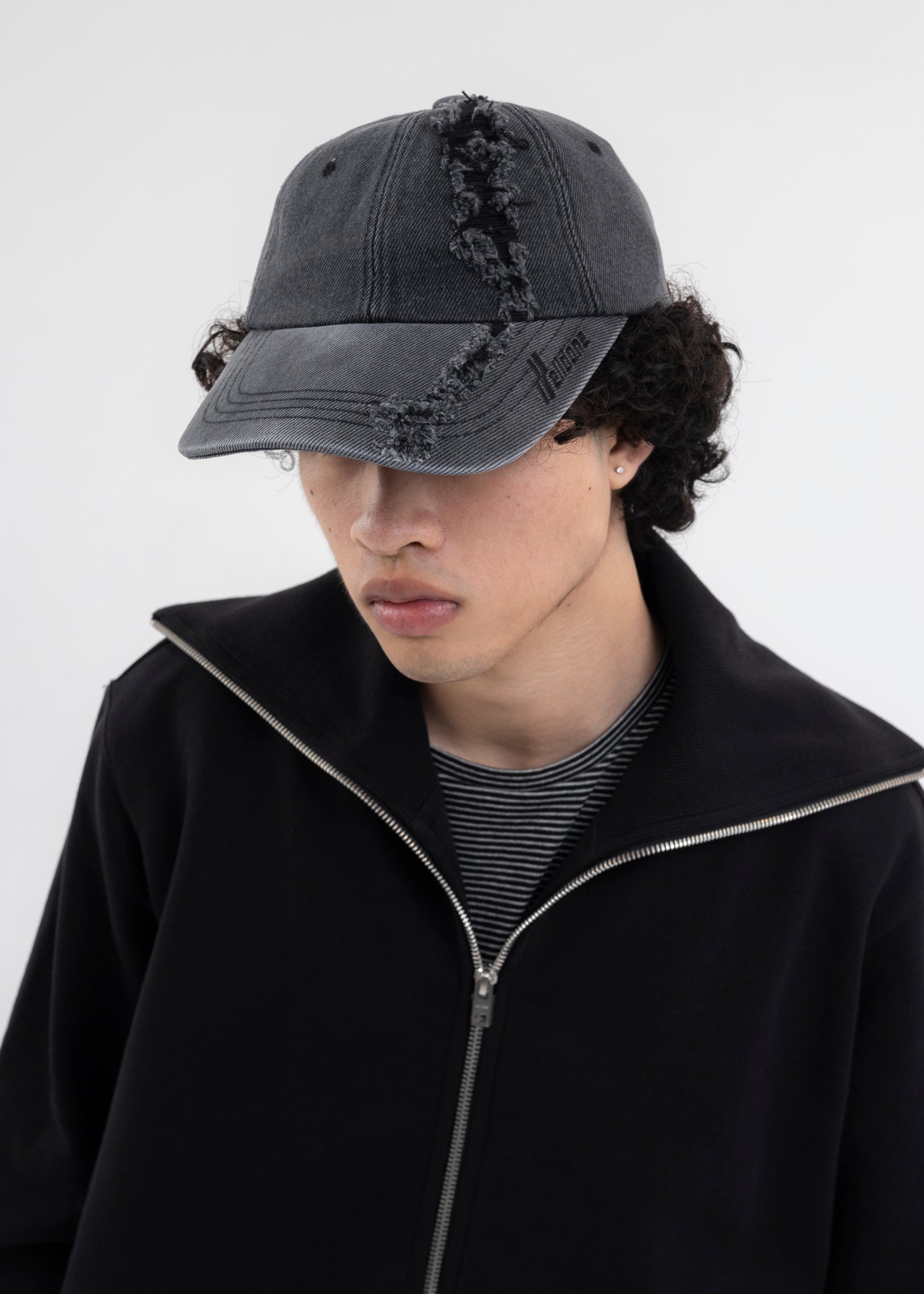 BLACK DIAGONAL DESTROYED DENIM CAP – 017 Shop