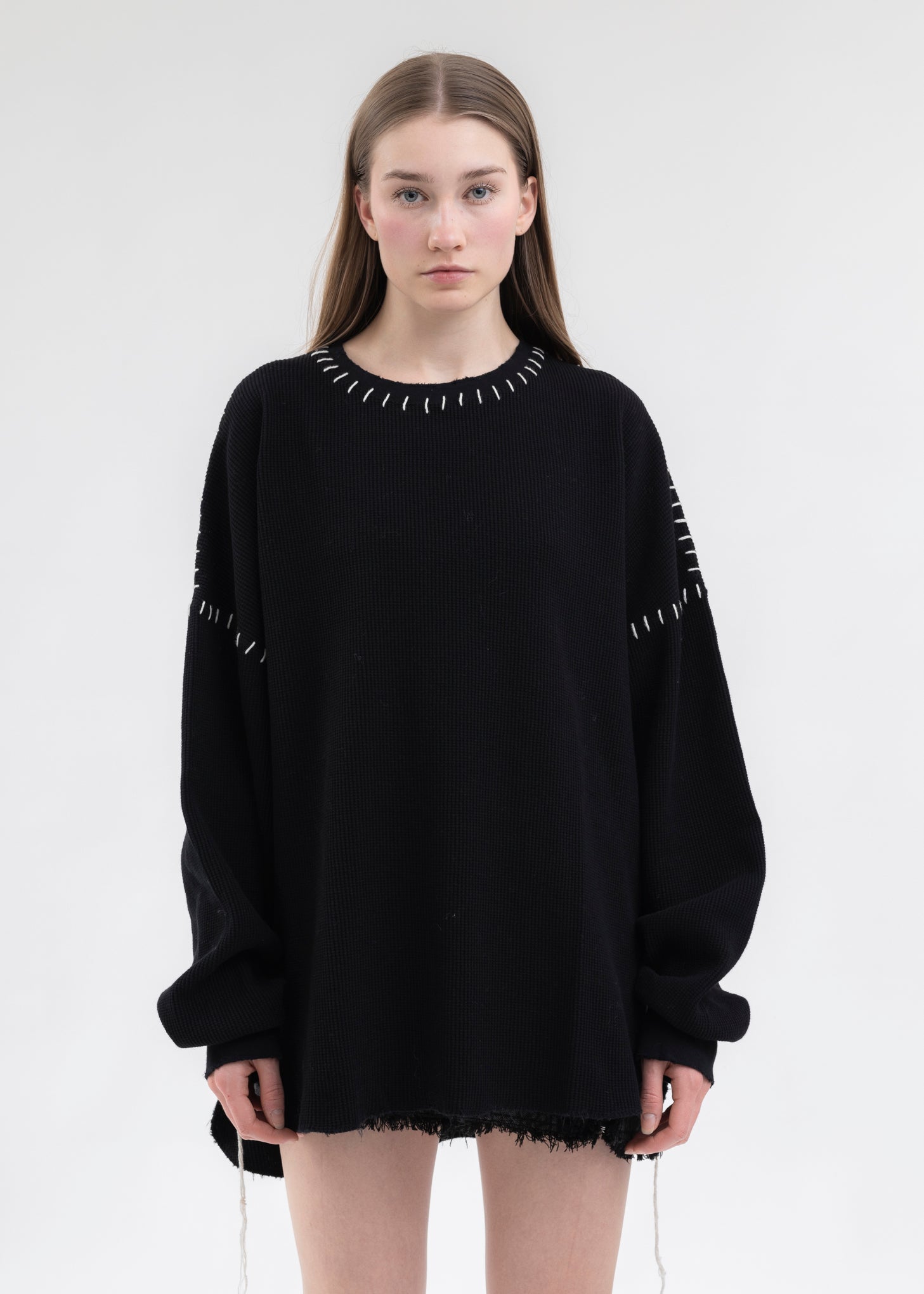 Black DAMAGE WAFFLE CUT LONG SLEEVES – 017 Shop