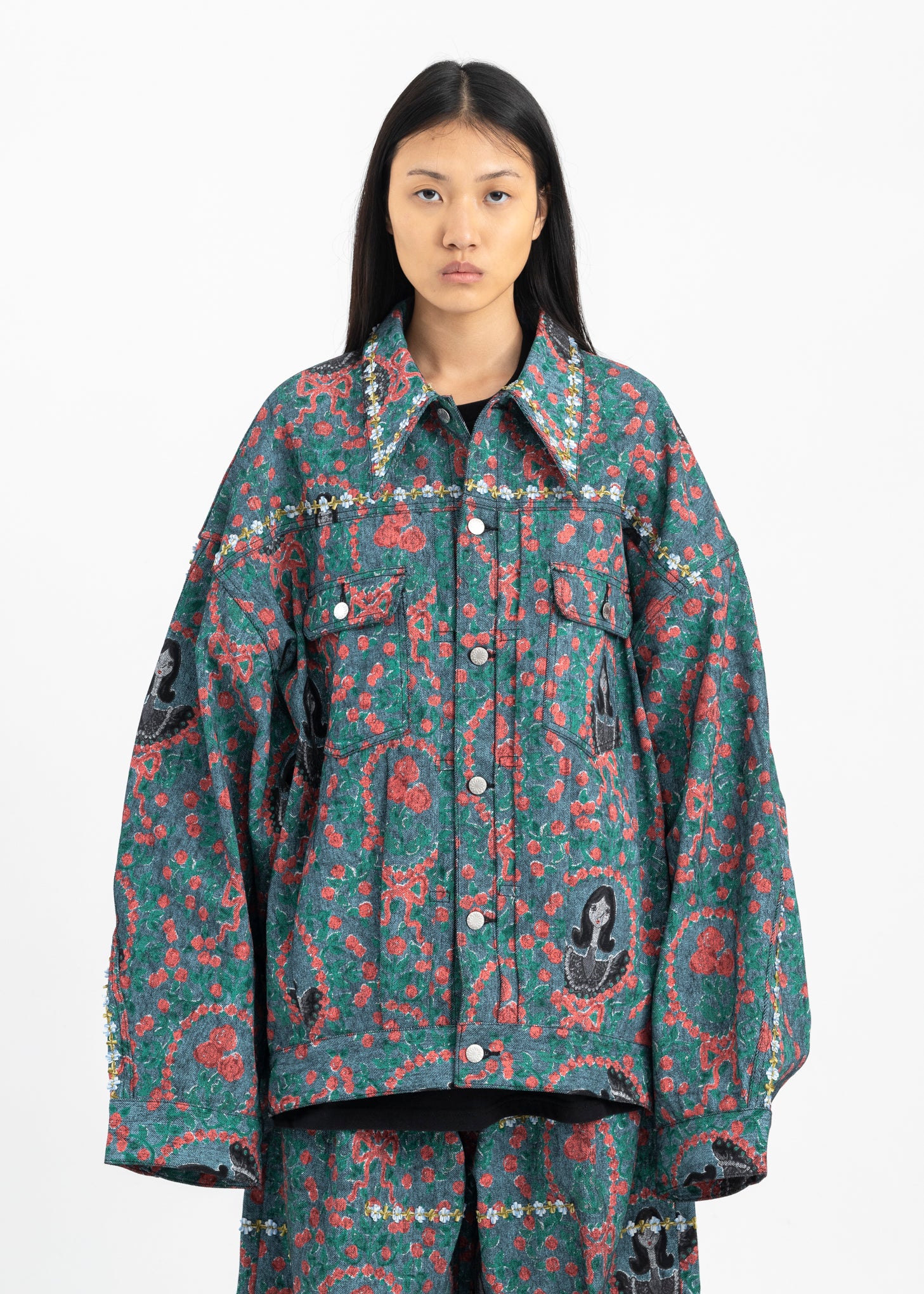 BLUE TUCK DENIM JACKET GIRL PRINT PATTERN – 017 Shop