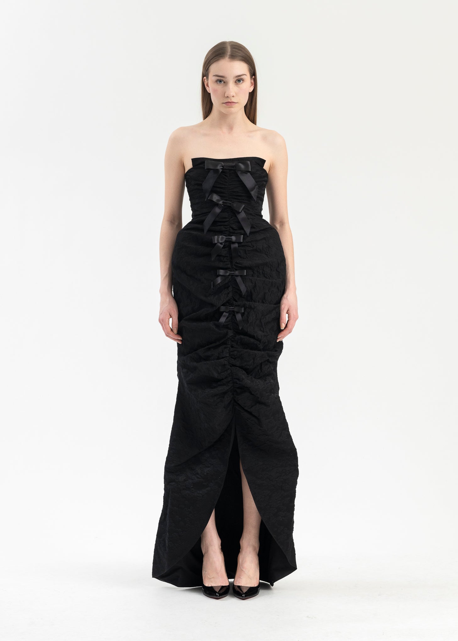 Black Front Slit Shirred Sheath Dress – 017 Shop