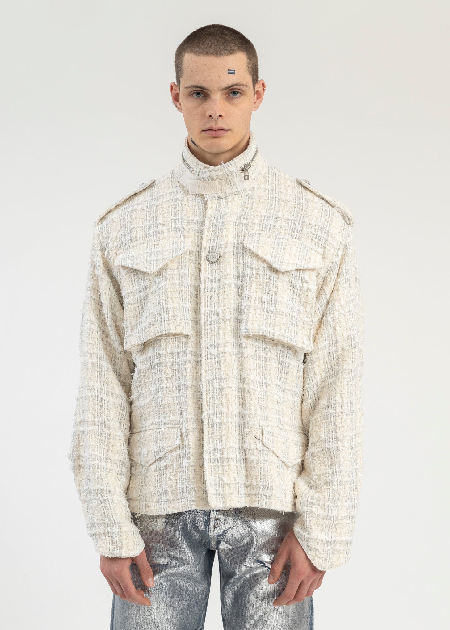 IVORY TWEED CUT-OFF FIELD JACKET – 017 Shop