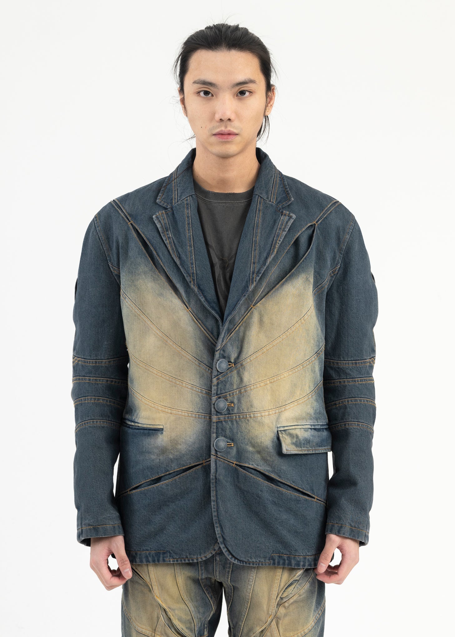 WASHED BLUE GATHER-SLASHED WASHING TAILORED JACKET – 017 Shop