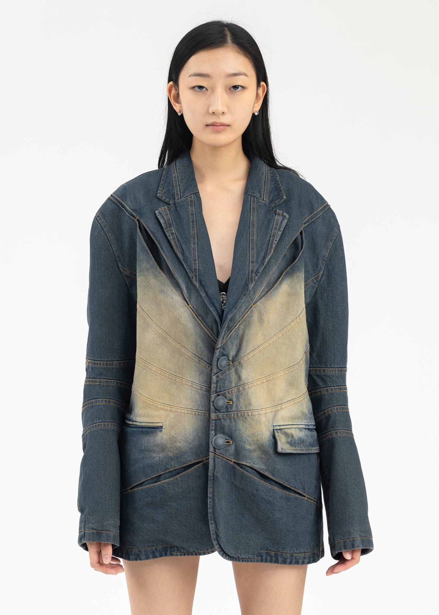 WASHED BLUE GATHER-SLASHED WASHING TAILORED JACKET – 017 Shop