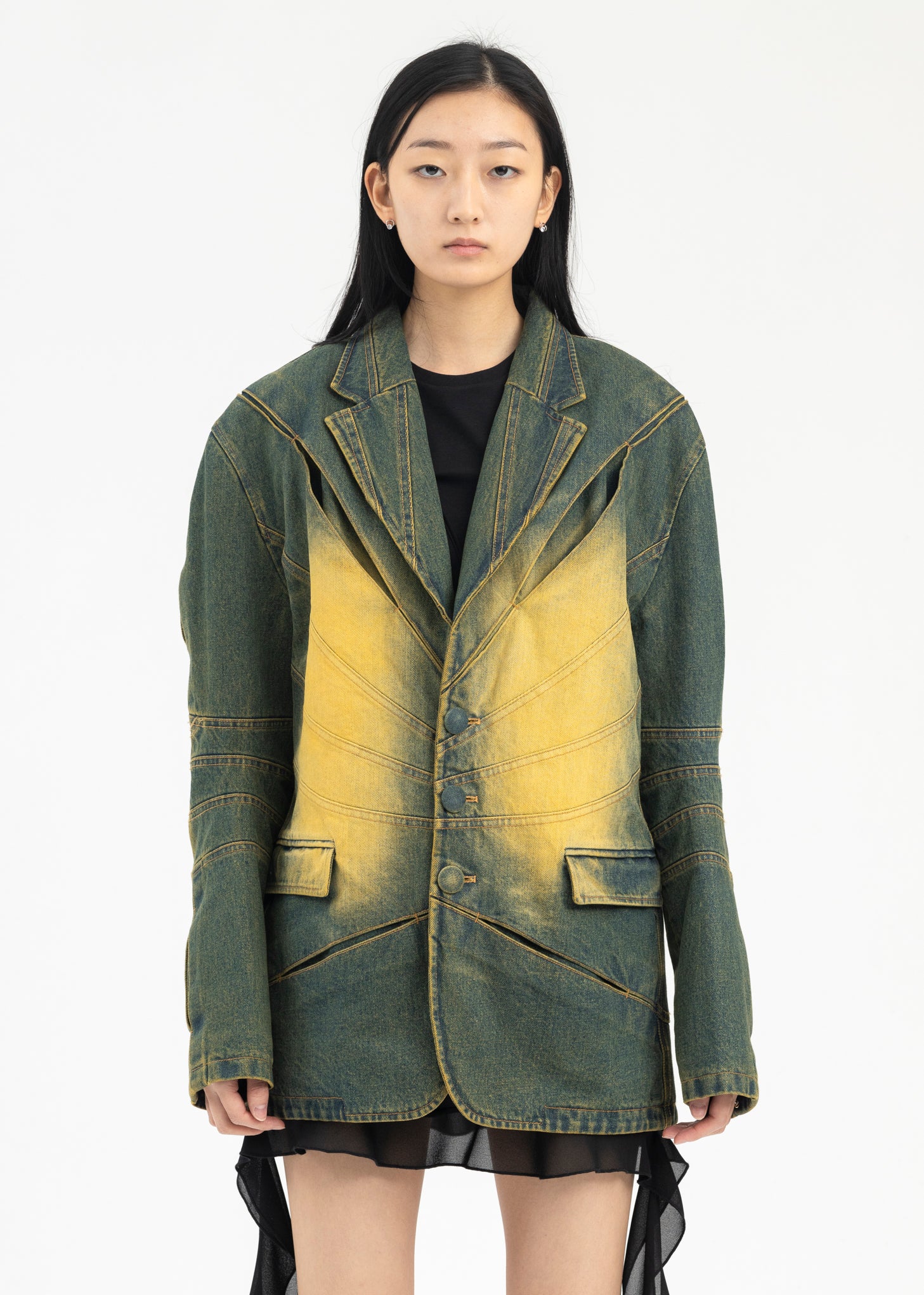 WASHED GREEN GATHER-SLASHED WASHING TAILORED JACKET – 017 Shop