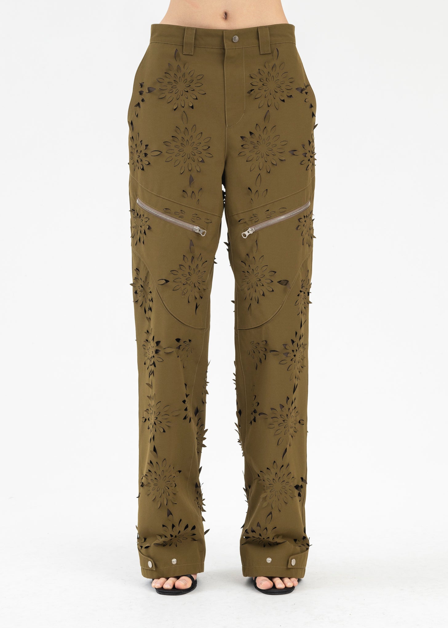 YELLOW-GREEN LASER-SLASHED FLOWER TROUSERS – 017 Shop