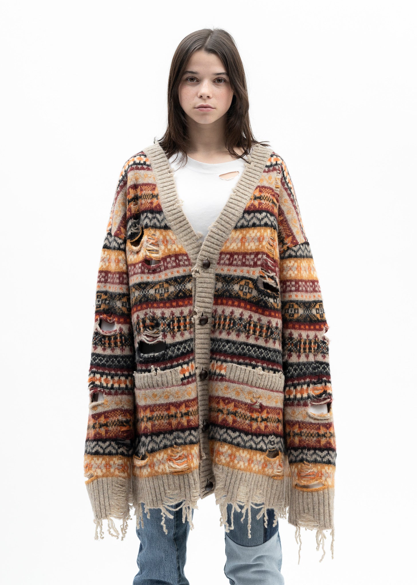 BEIGE OVERSIZED FAIR-ISLE CARDIGAN – 017 Shop