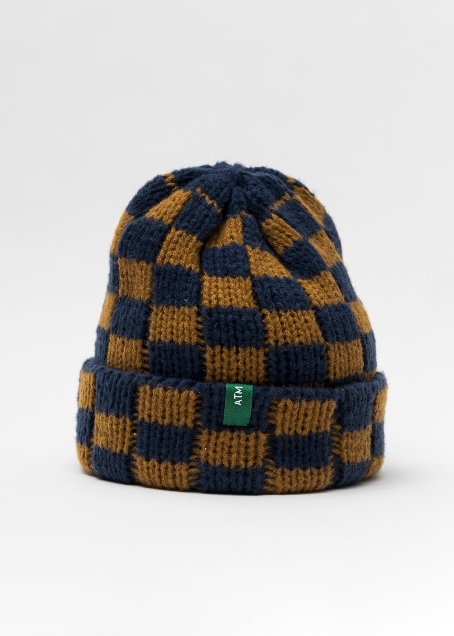 Navy & Brown Checkered Beanie – 017 Shop