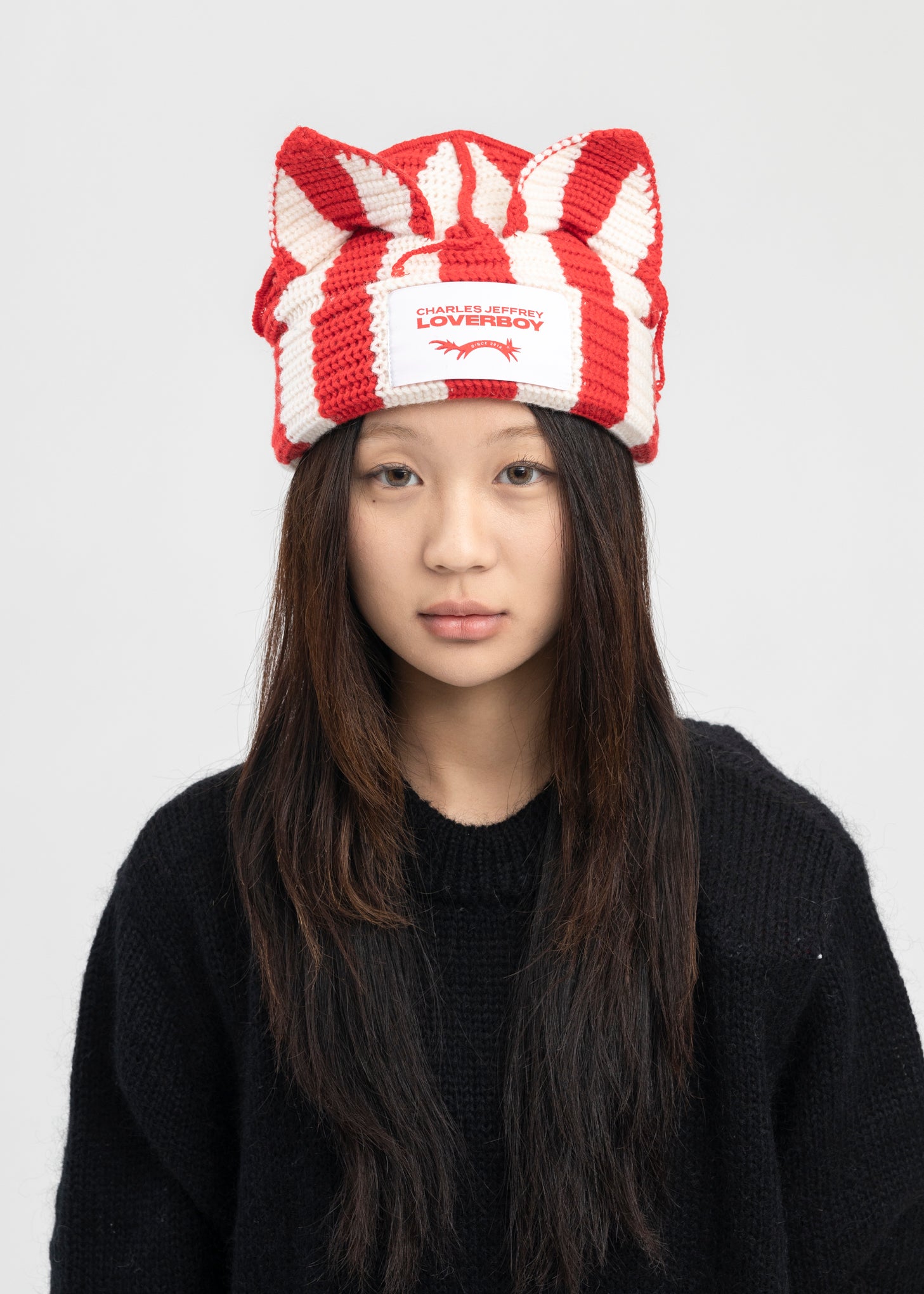 RED / ECRU STRIPED EARS BEANIE – 017 Shop