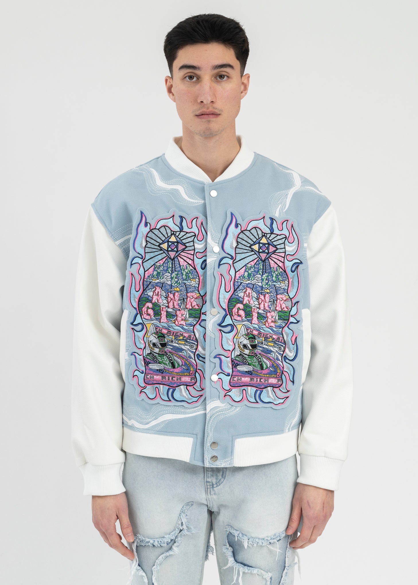 LIGHT BLUE EMBROIDERY PATCHWORK BOMBER JACKET – 017 Shop