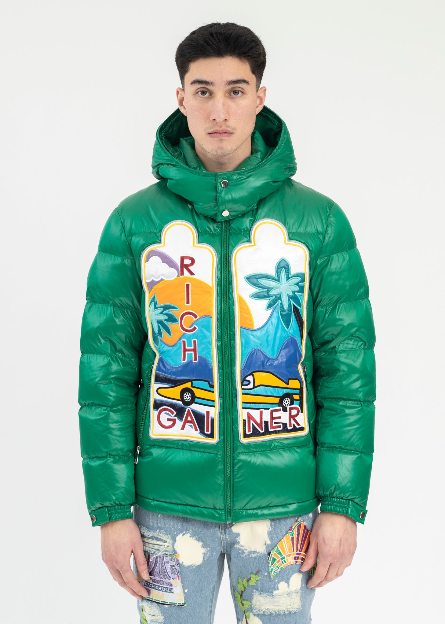 GREEN EMBROIDERY PATCHWORK PUFFER JACKET – 017 Shop