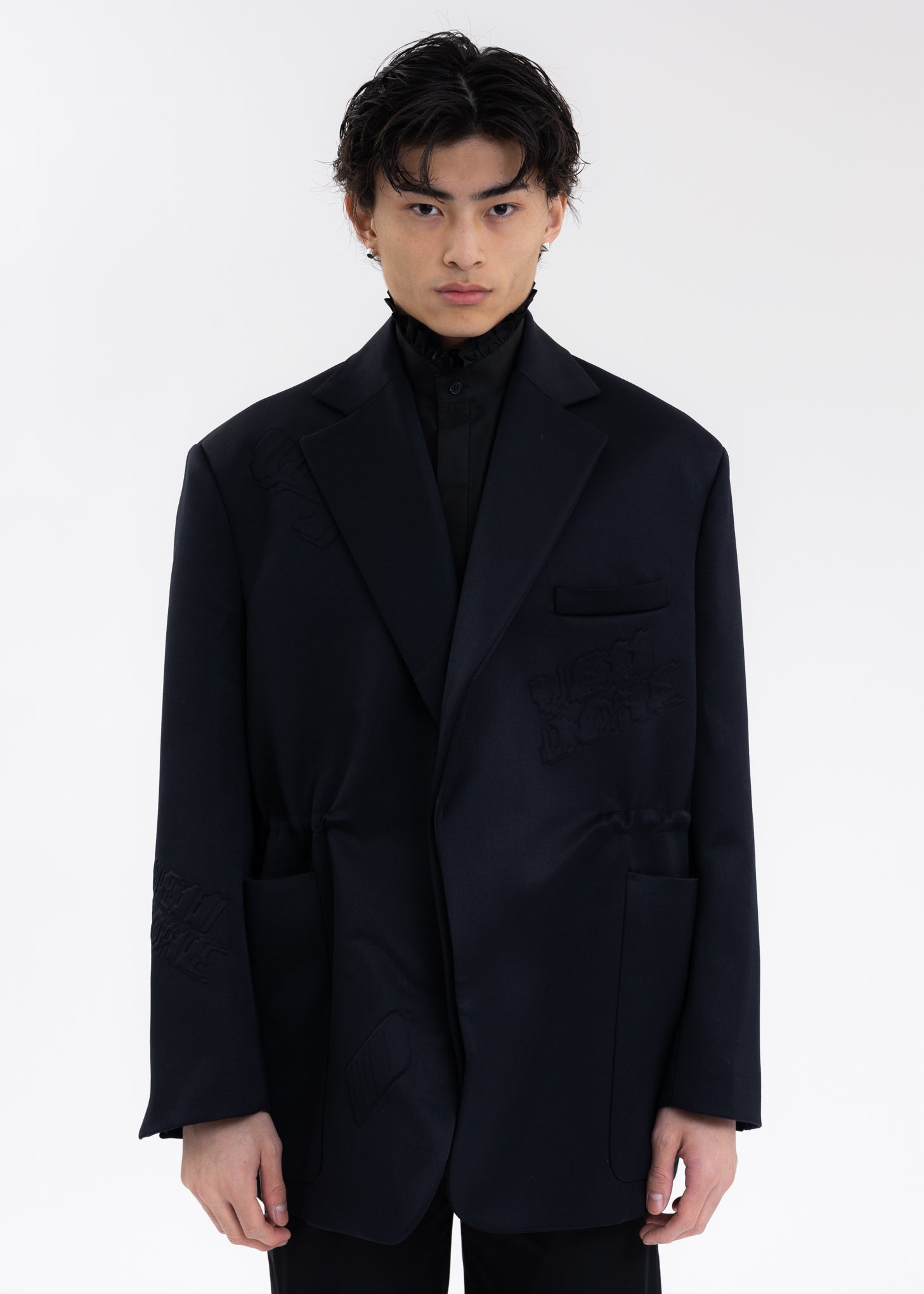 NAVY WAIST STRING JACKET WITH EMBO DECORATION – 017 Shop