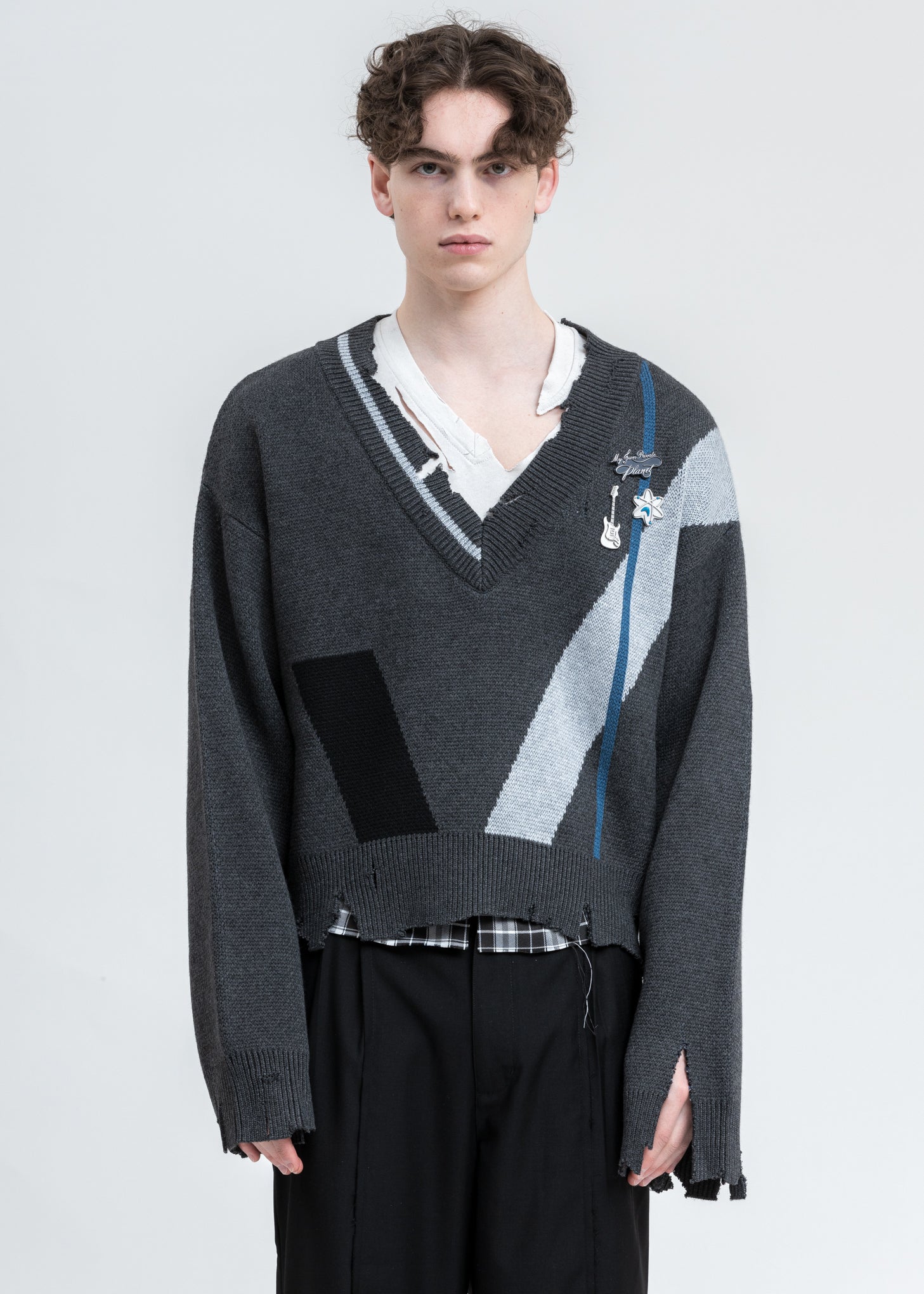 Grey Distressed Geometry Knit Layered Sweater – 017 Shop