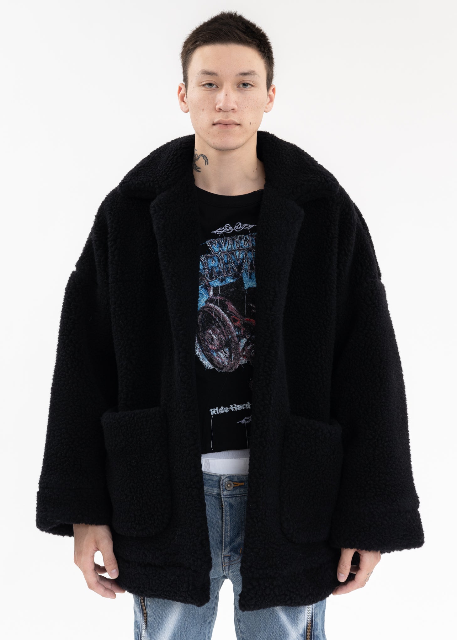Black PHOTO STITCH EMBROIDERY FUR JACKET – 017 Shop