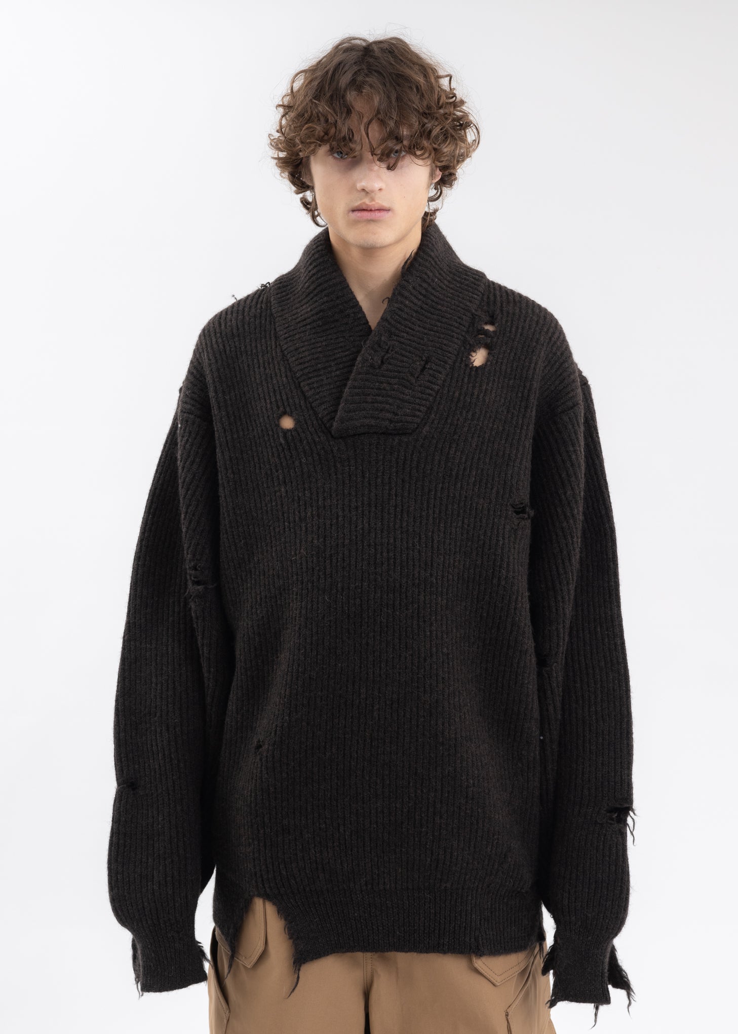 DARK BROWN DESTROYED SHAWL COLLAR SWEATER – 017 Shop