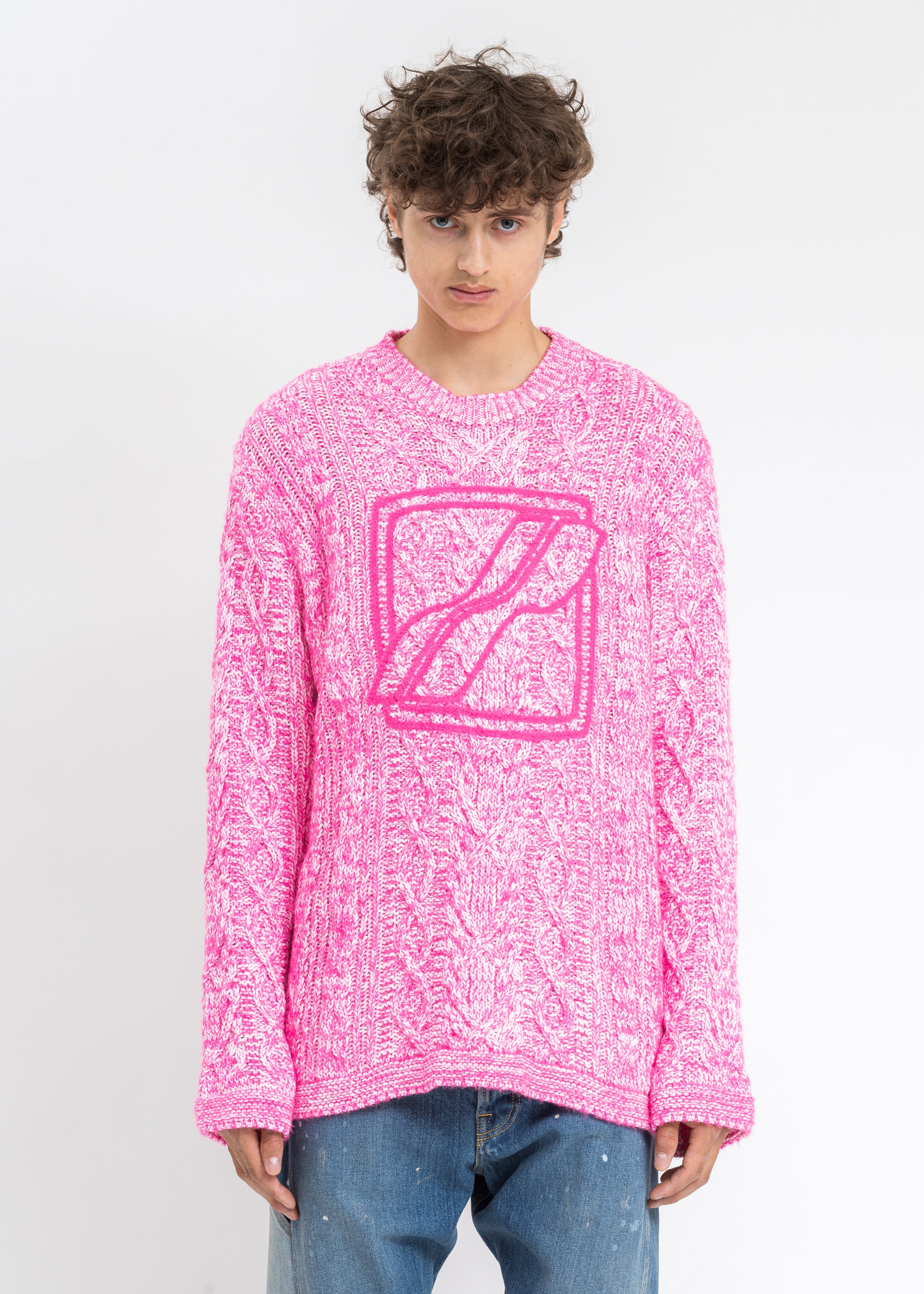 Neon Pink Round Neck Front Logo Cable Pullover – 017 Shop