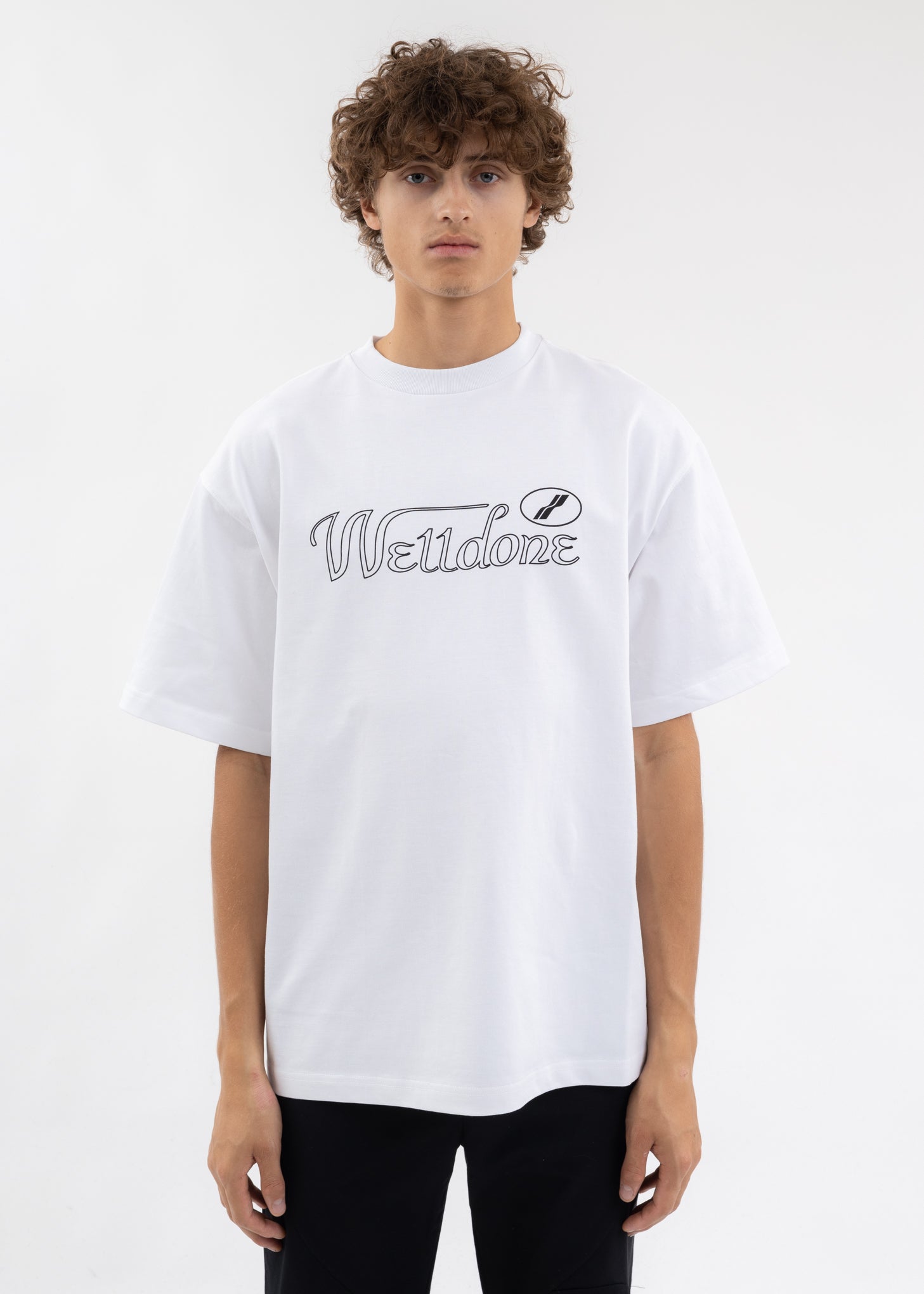 WHITE CURSIVE SYMBOL LOGO LARGE T-SHIRT – 017 Shop