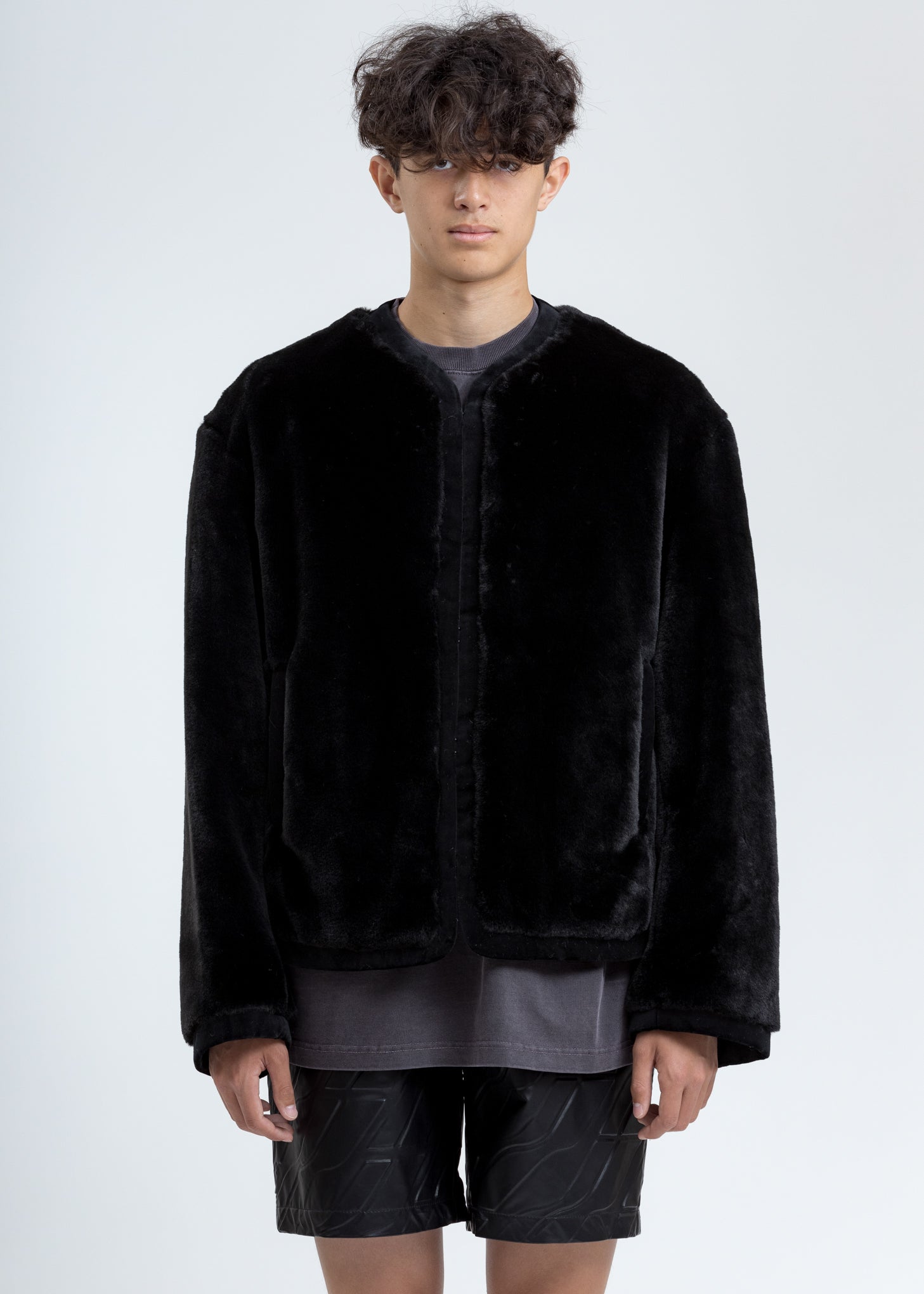 Black Faux Fur Round Neck Jacket – 017 Shop