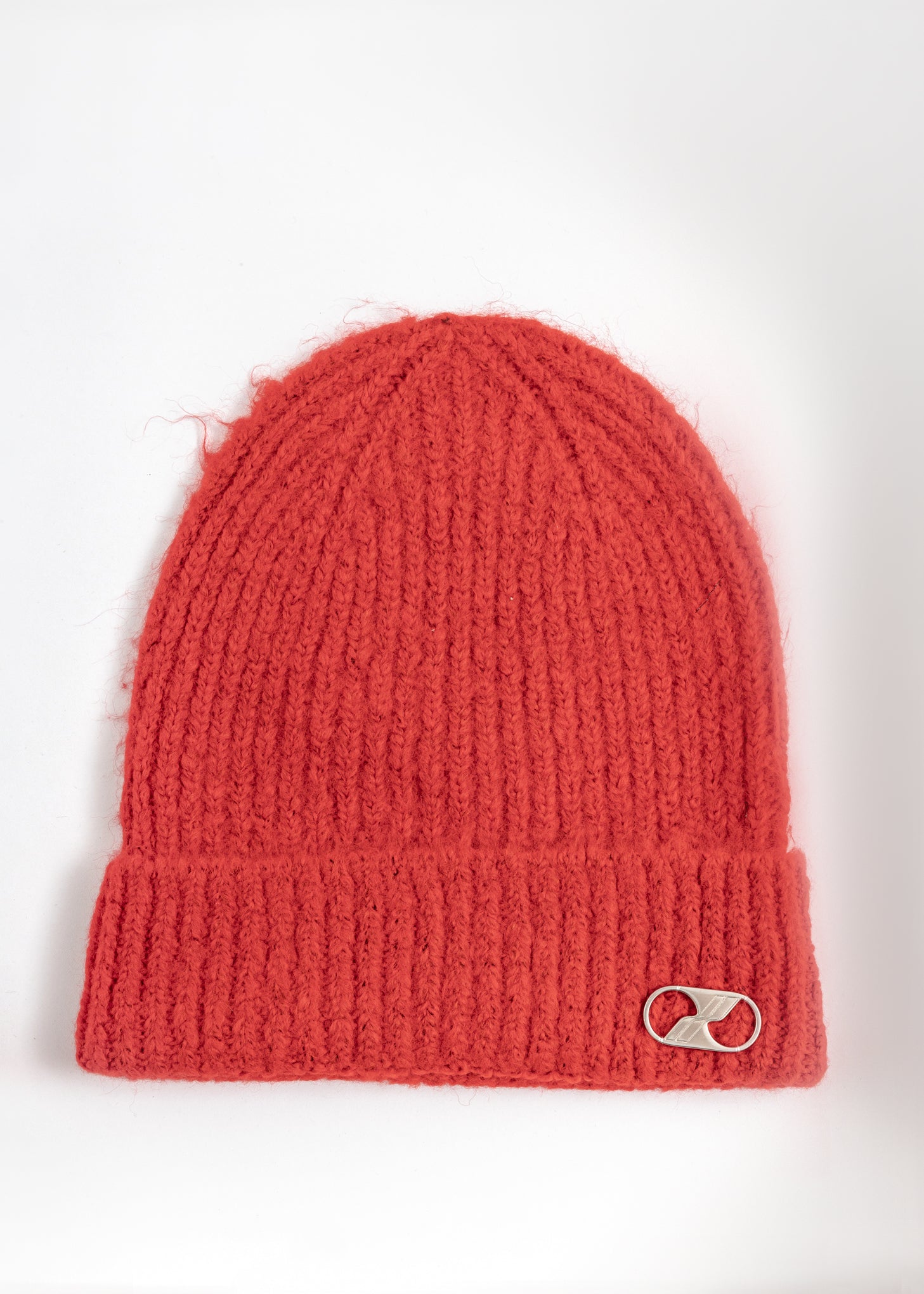 Red Embroidered Metal Logo Long Beanie – 017 Shop
