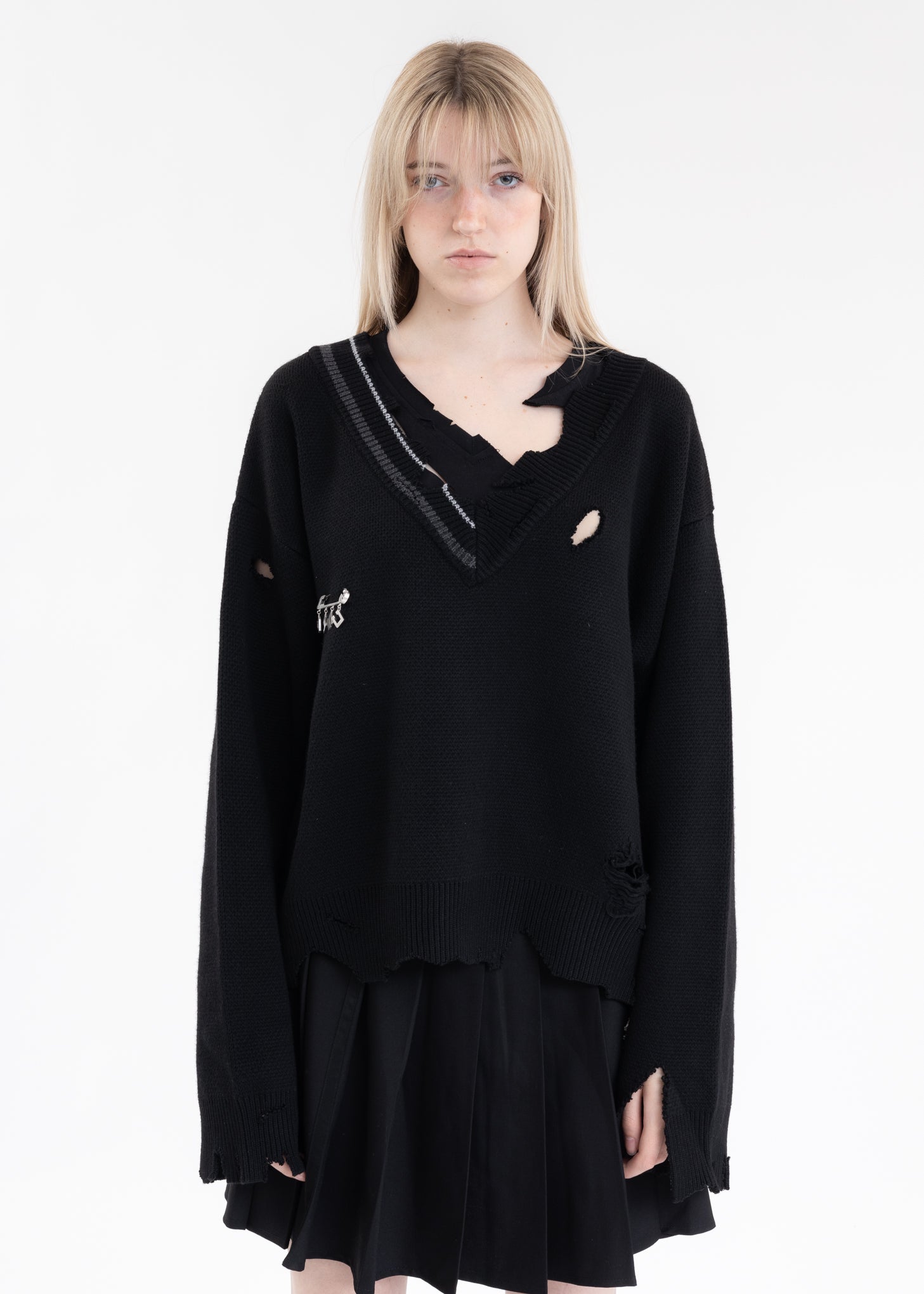 Black Distressed Knit Layered Sweater – 017 Shop