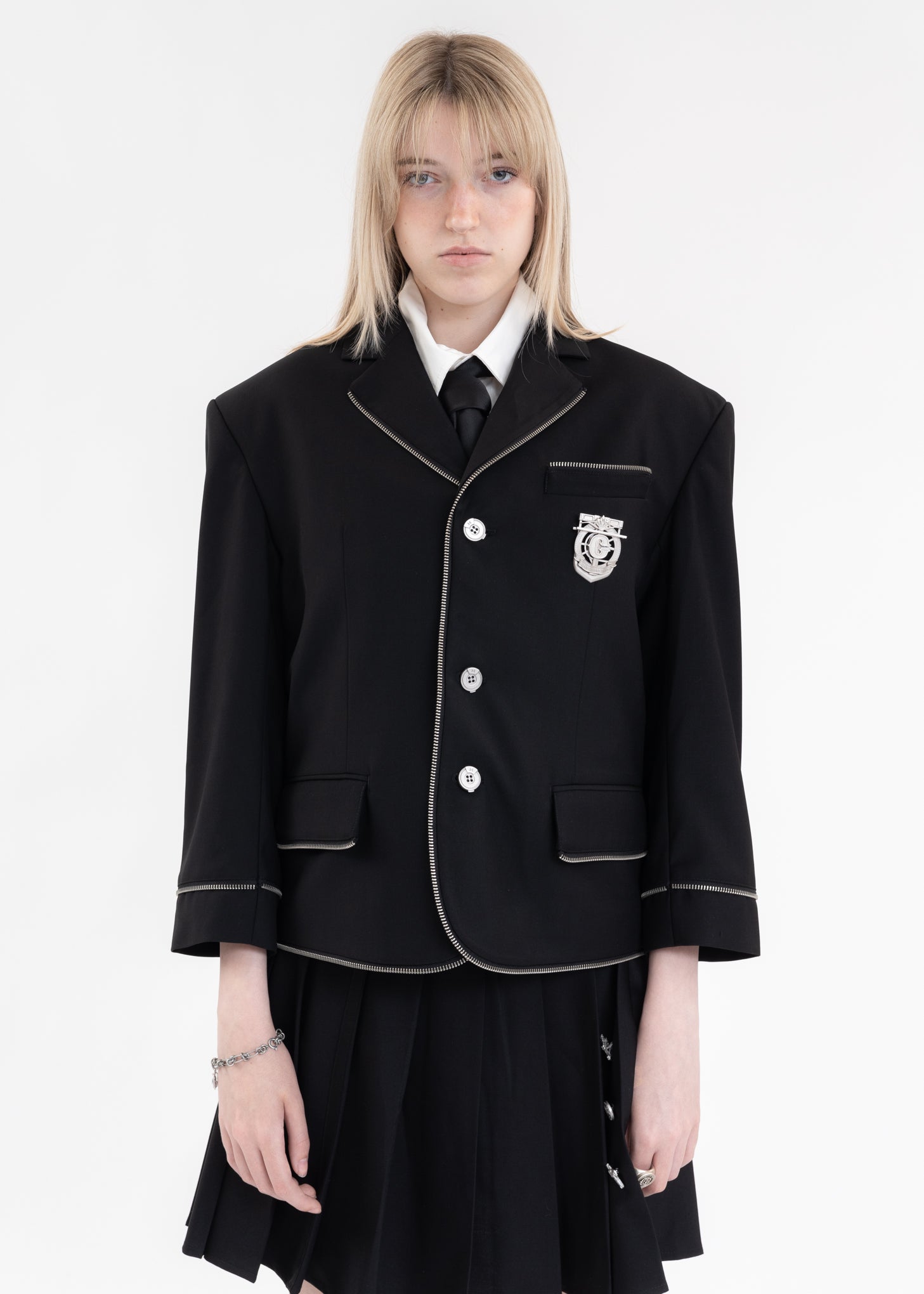 Black Zipper Piping Badged Tailored Jacket – 017 Shop