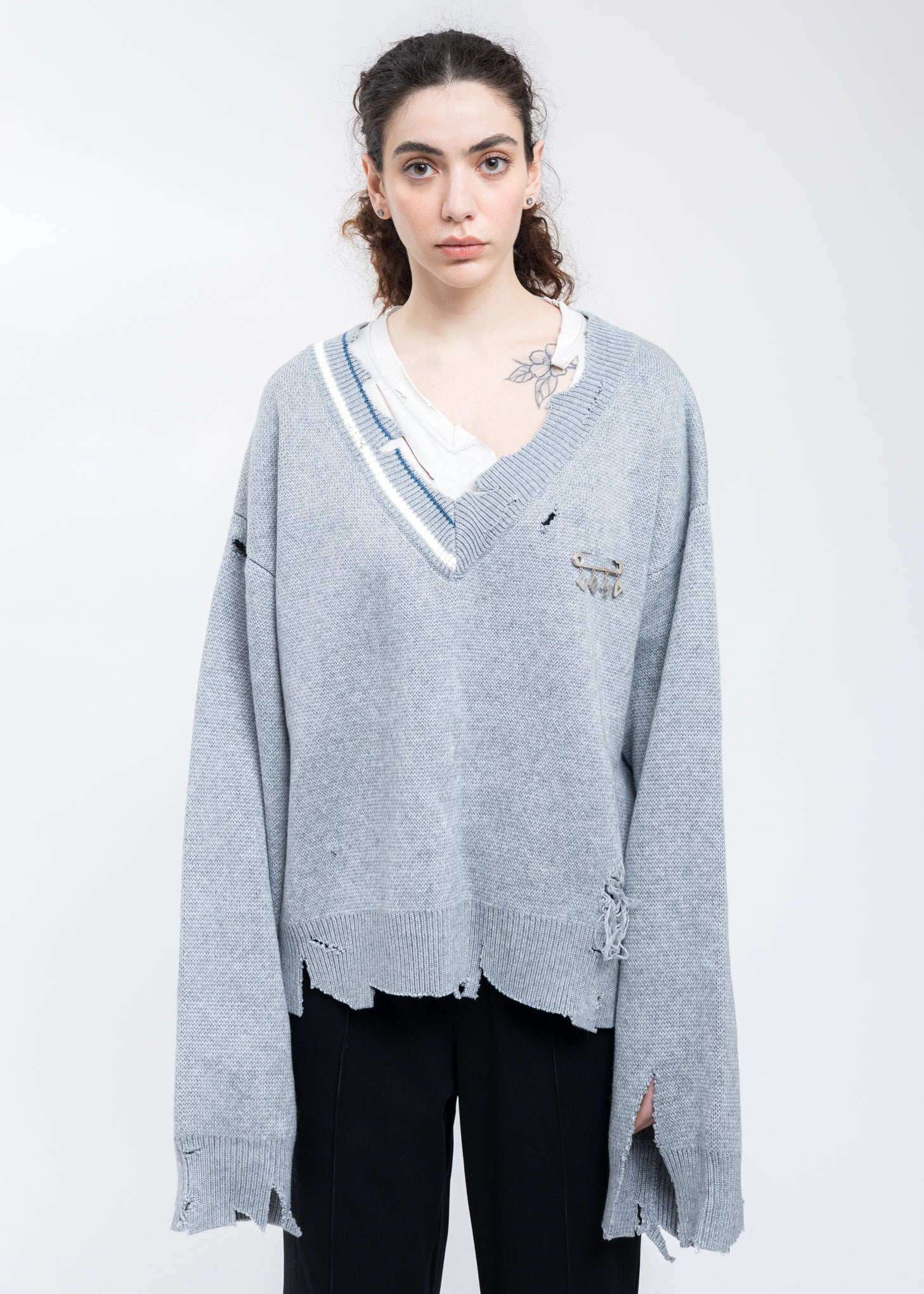 Grey Distressed Knit Layered Sweater – 017 Shop