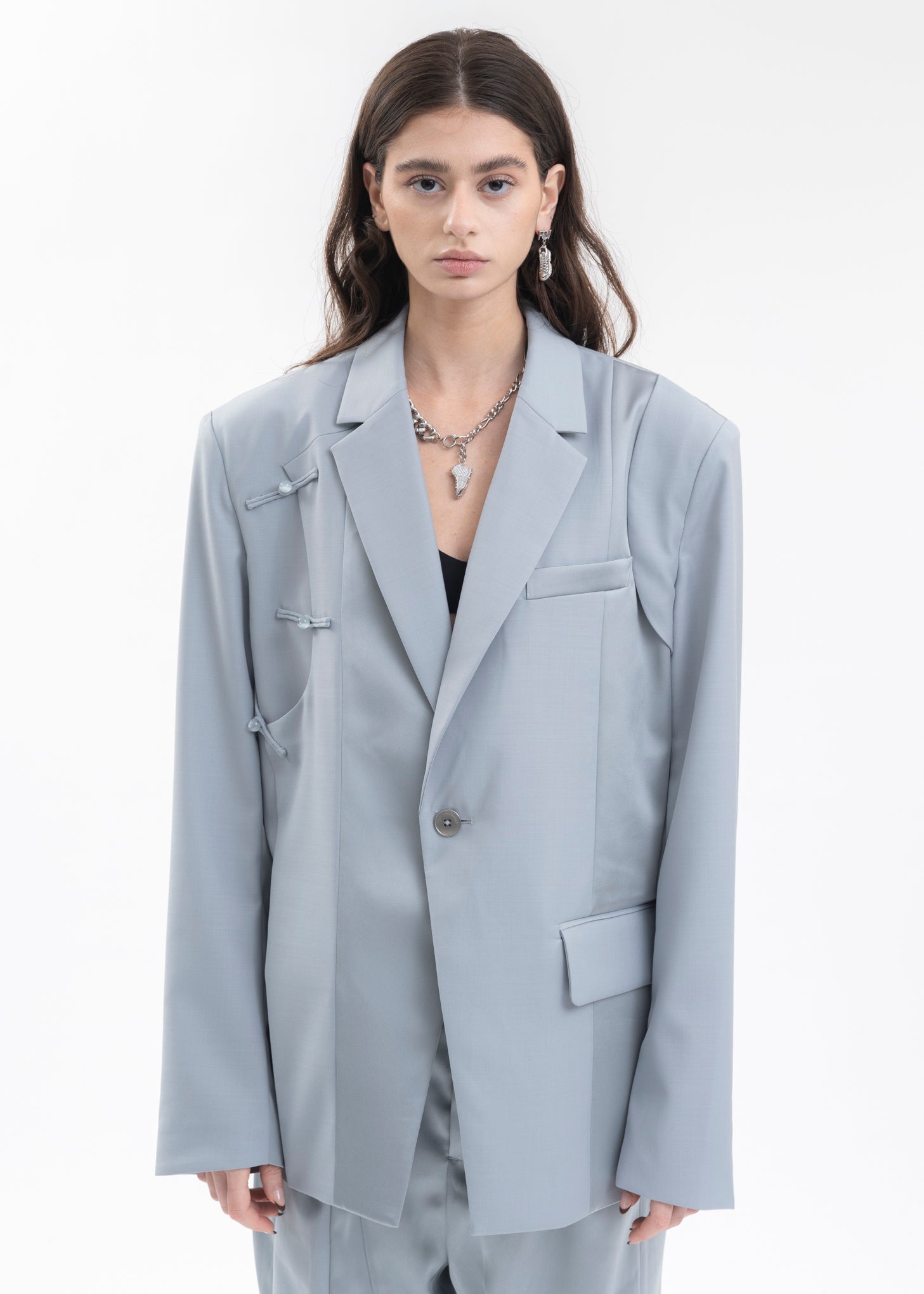 GREY SATIN DECONSTRUCTED BLAZER – 017 Shop