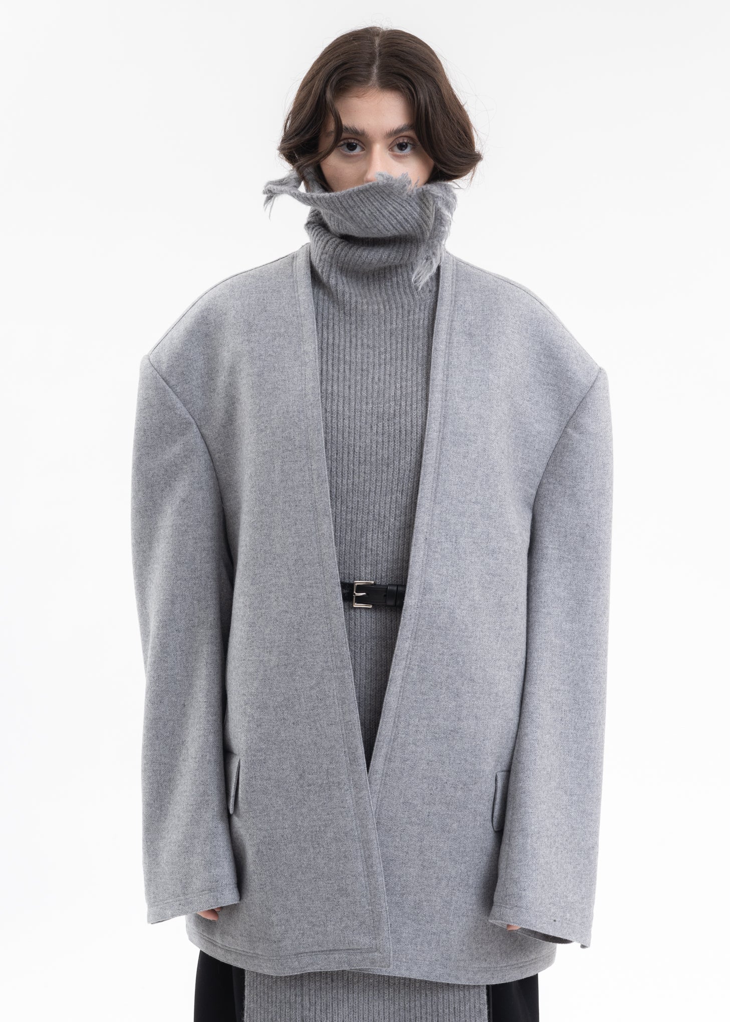 GREY HERRINGBONE WOOL FRONTLESS JACKET – 017 Shop