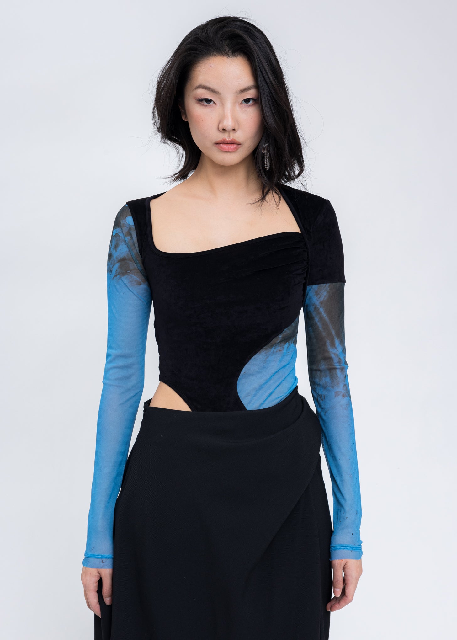 Blue Printed Patchwork Velvet Bodysuit – 017 Shop