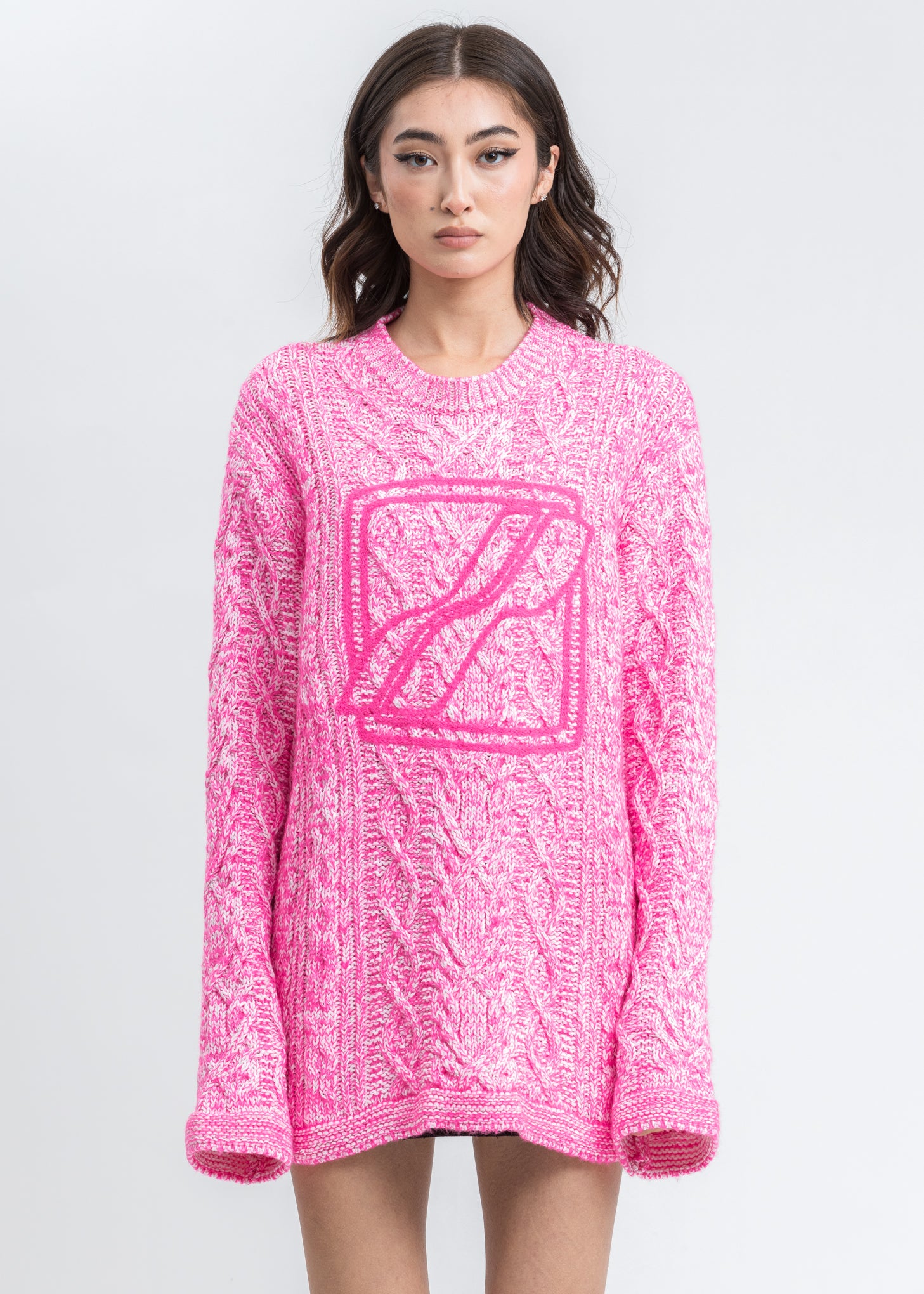 Neon Pink Round Neck Front Logo Cable Pullover – 017 Shop