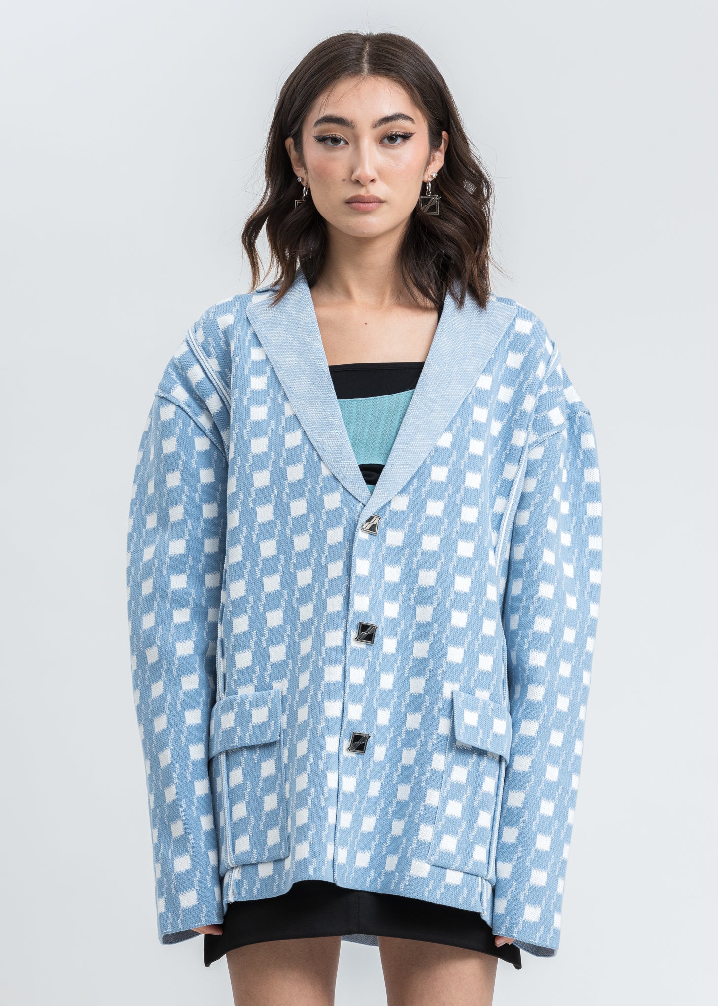 Sky Blue Gingham Check Oversize Jacquard Jacket – 017 Shop