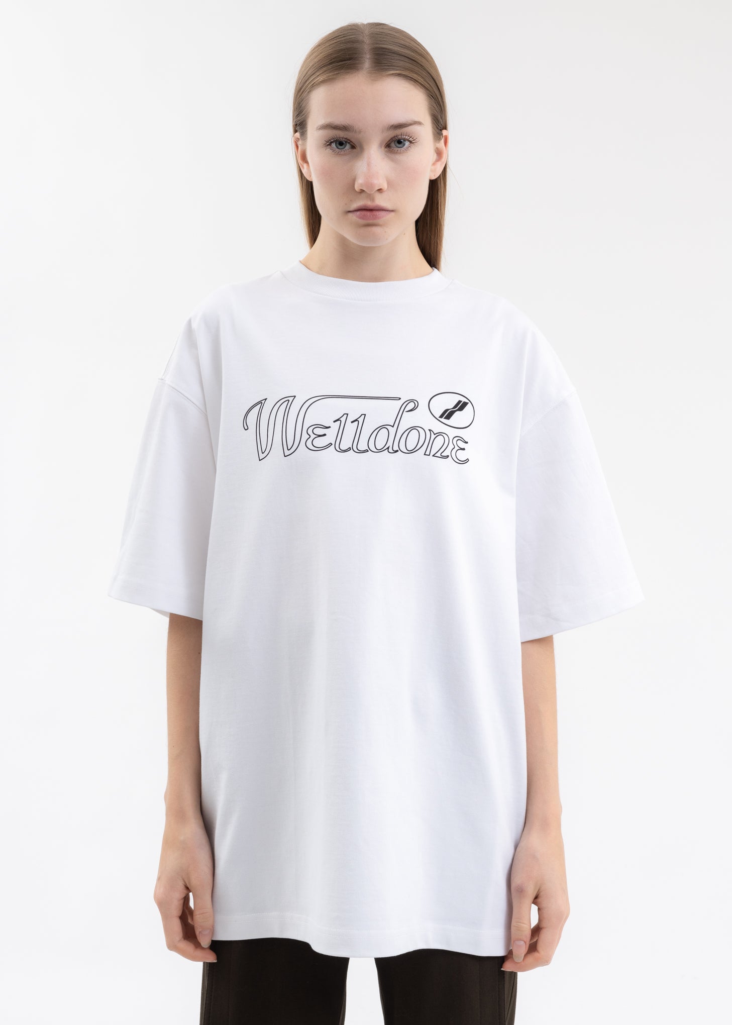 WHITE CURSIVE SYMBOL LOGO LARGE T-SHIRT – 017 Shop