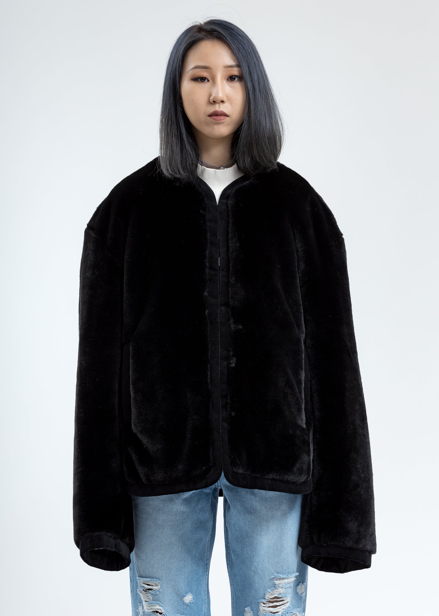 Black Faux Fur Round Neck Jacket – 017 Shop