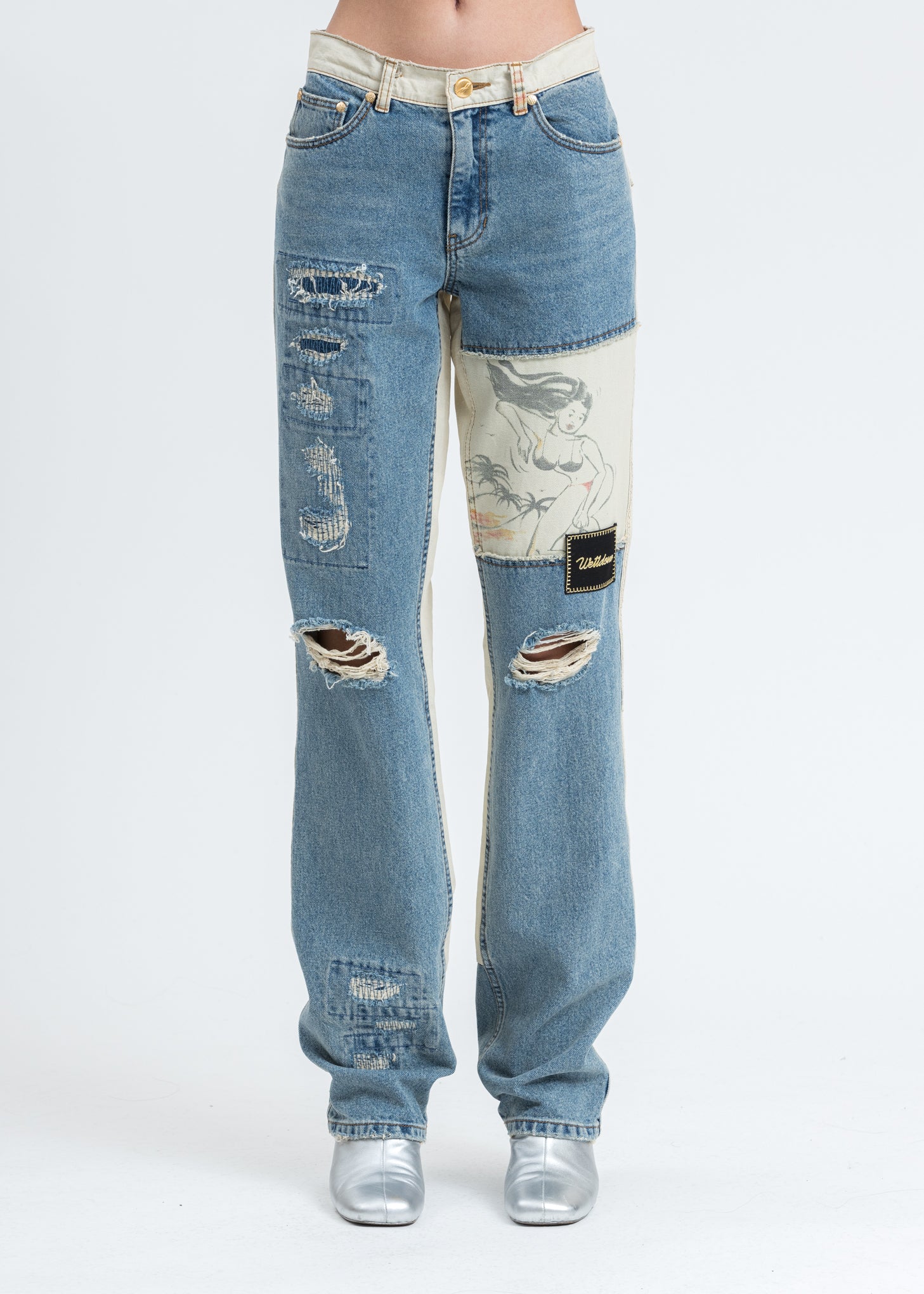 Blue Damage Washed Patch Work Denim Jeans – 017 Shop