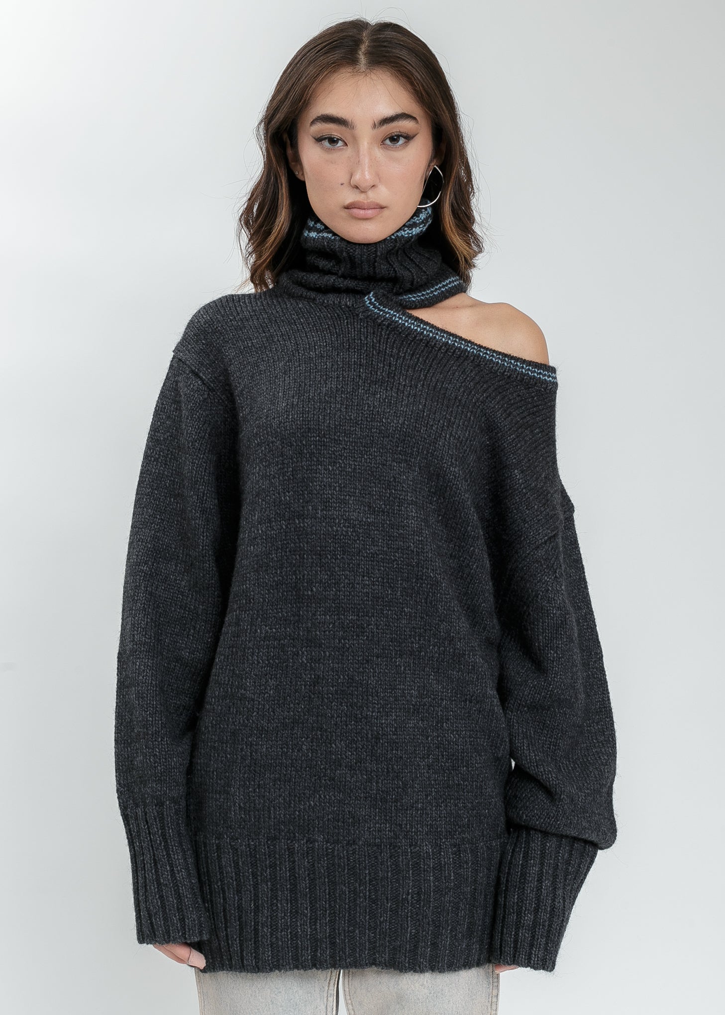 Dark Grey Double Neck Oversized Knit Sweater – 017 Shop
