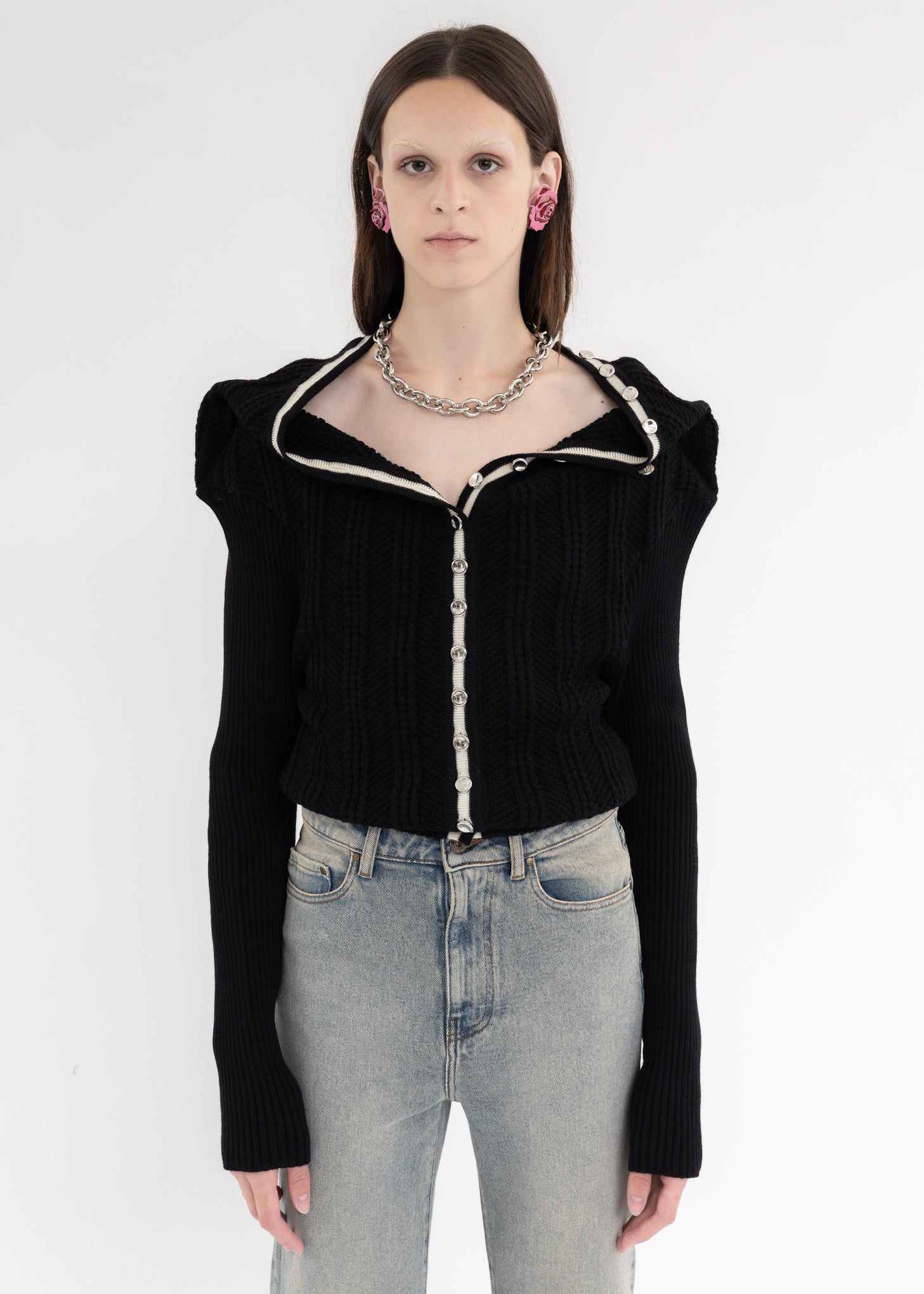 Black CLASSIC RUFFLE NECKLACE CARDIGAN – 017 Shop