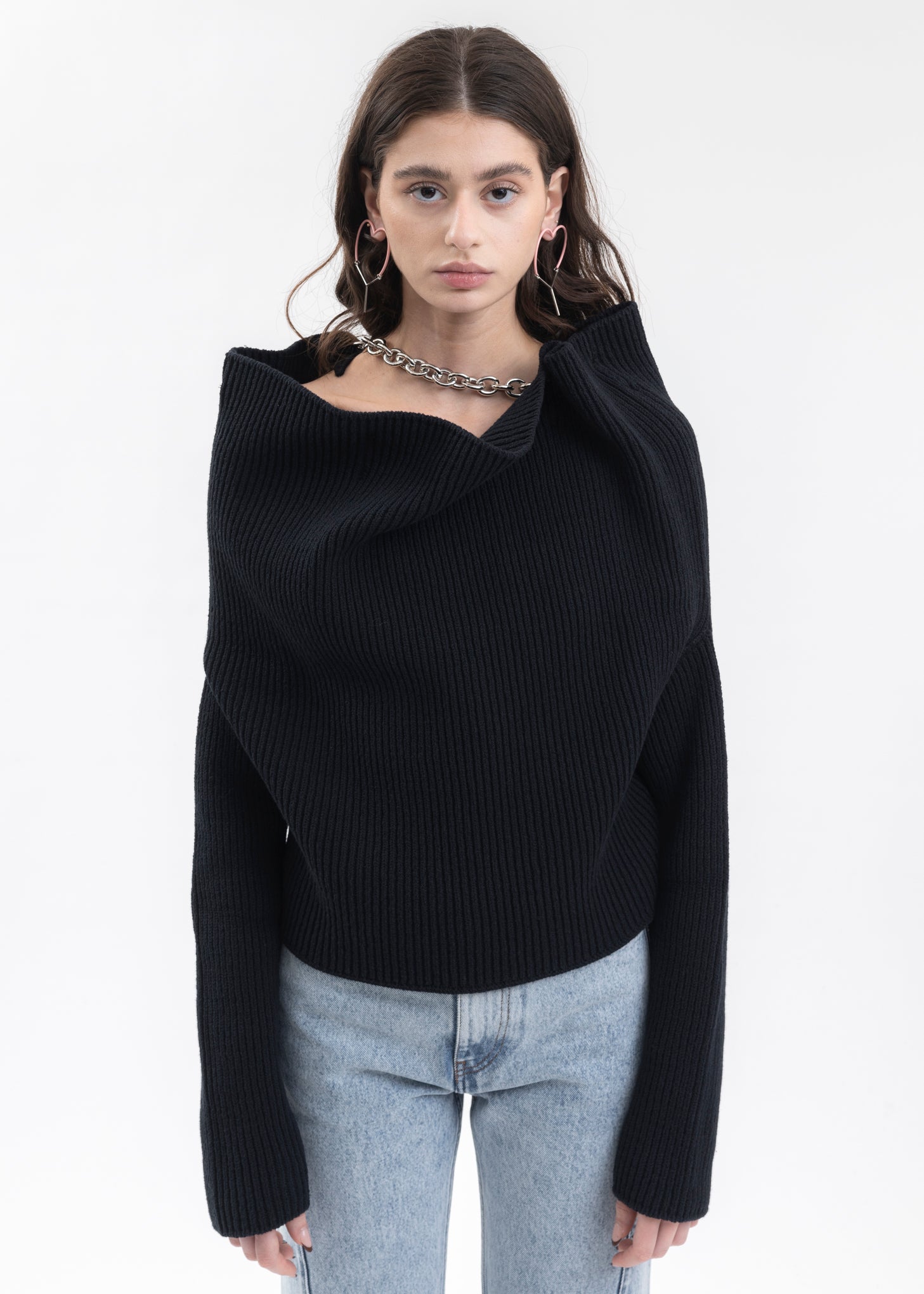 BLACK DRAPED CHAIN RIBBED SWEATER – 017 Shop