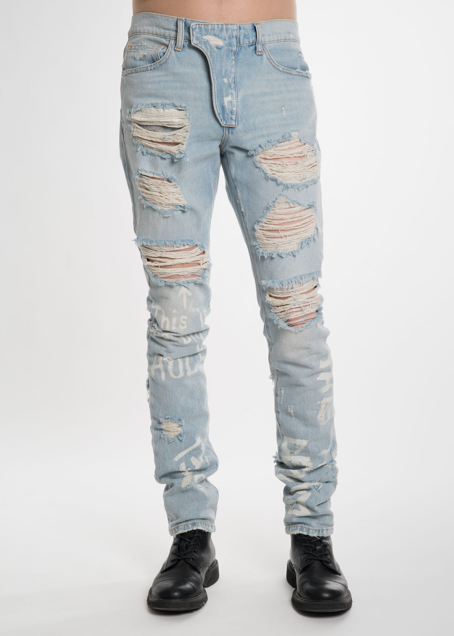 Blue Destroyed Jeans with Print – 017 Shop