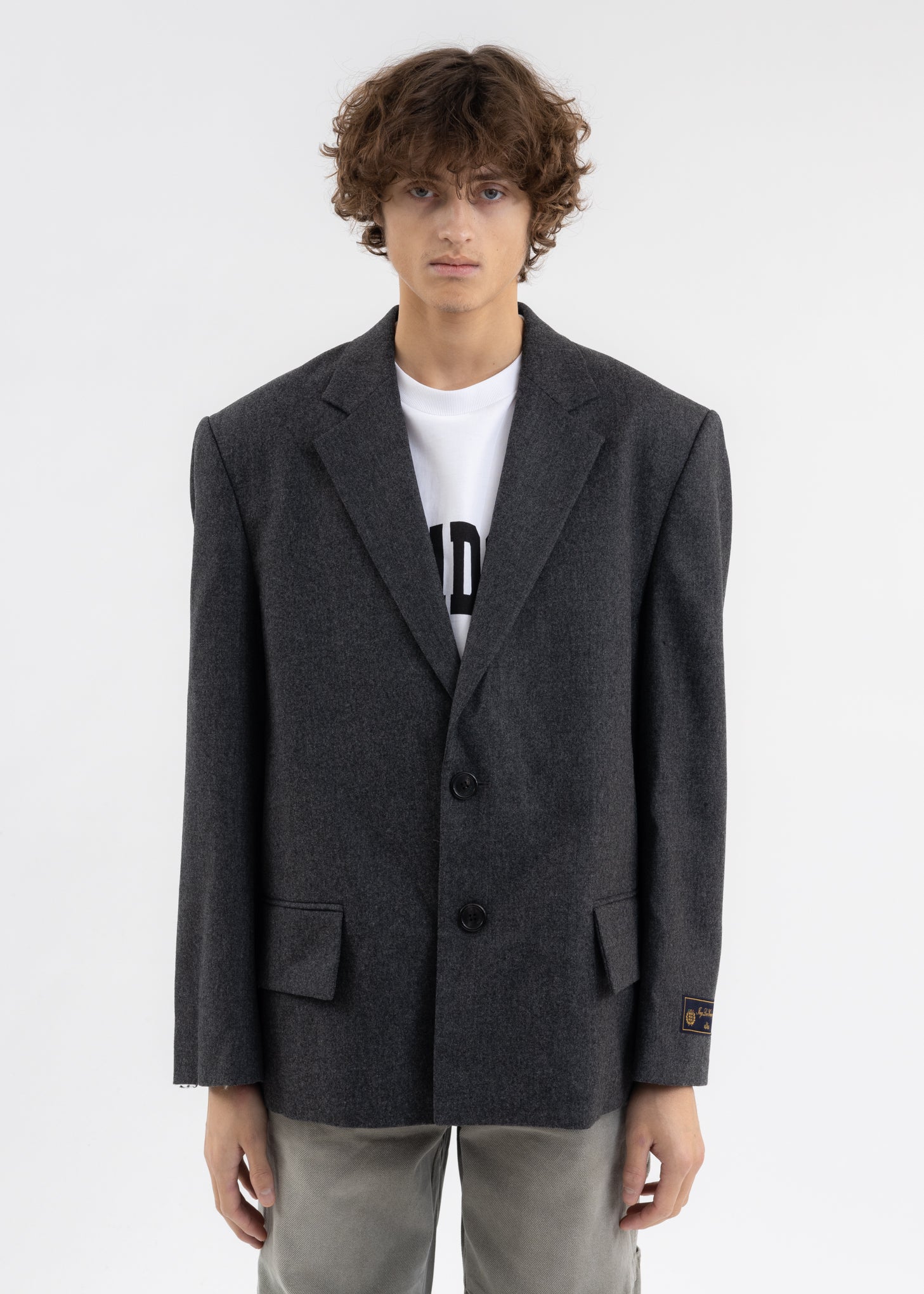 DARK GREY MOVIE PRINT FLANNEL SINGLE BLAZER – 017 Shop